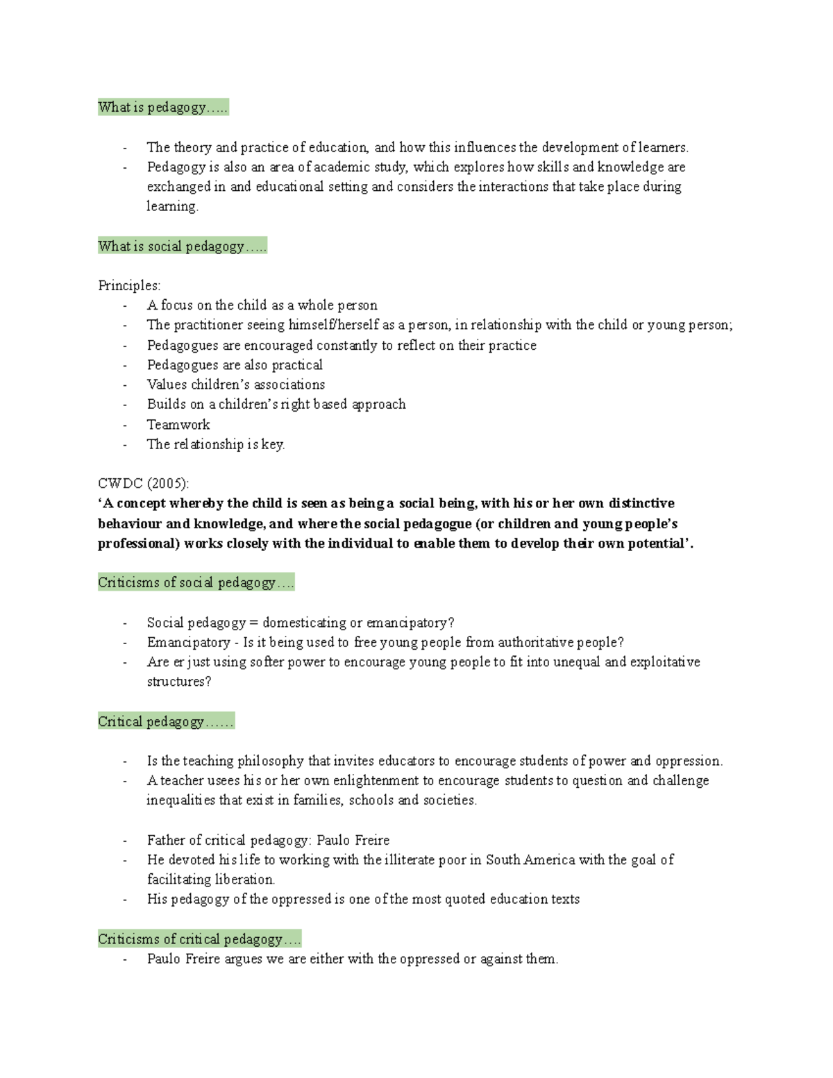 Social pedagogy 4 - Lecture notes 4 - What is pedagogy..... The theory ...