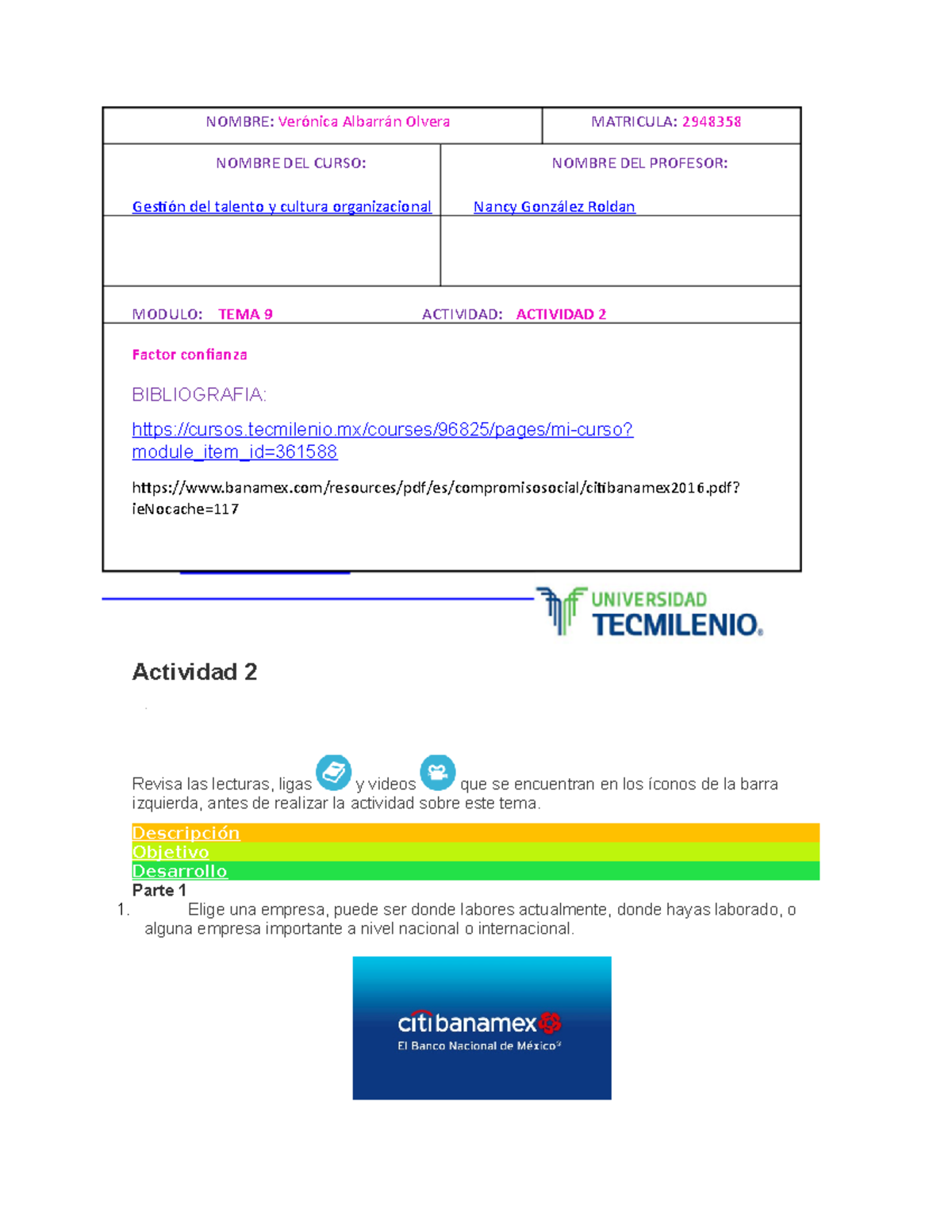 Actividad 2 gestion de talento - NOMBRE: Verónica Albarrán Olvera ...