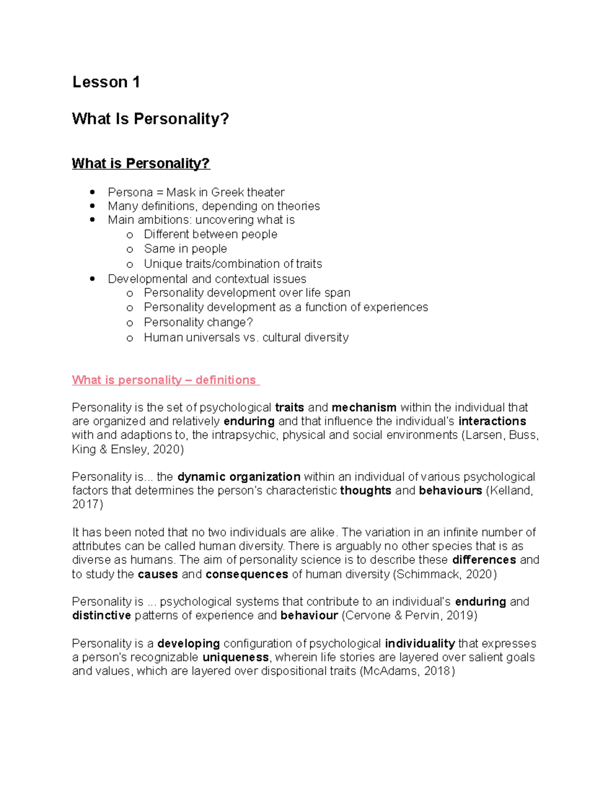 Lesson 1 - Intro to Personality Psych - Lesson 1 What Is Personality ...