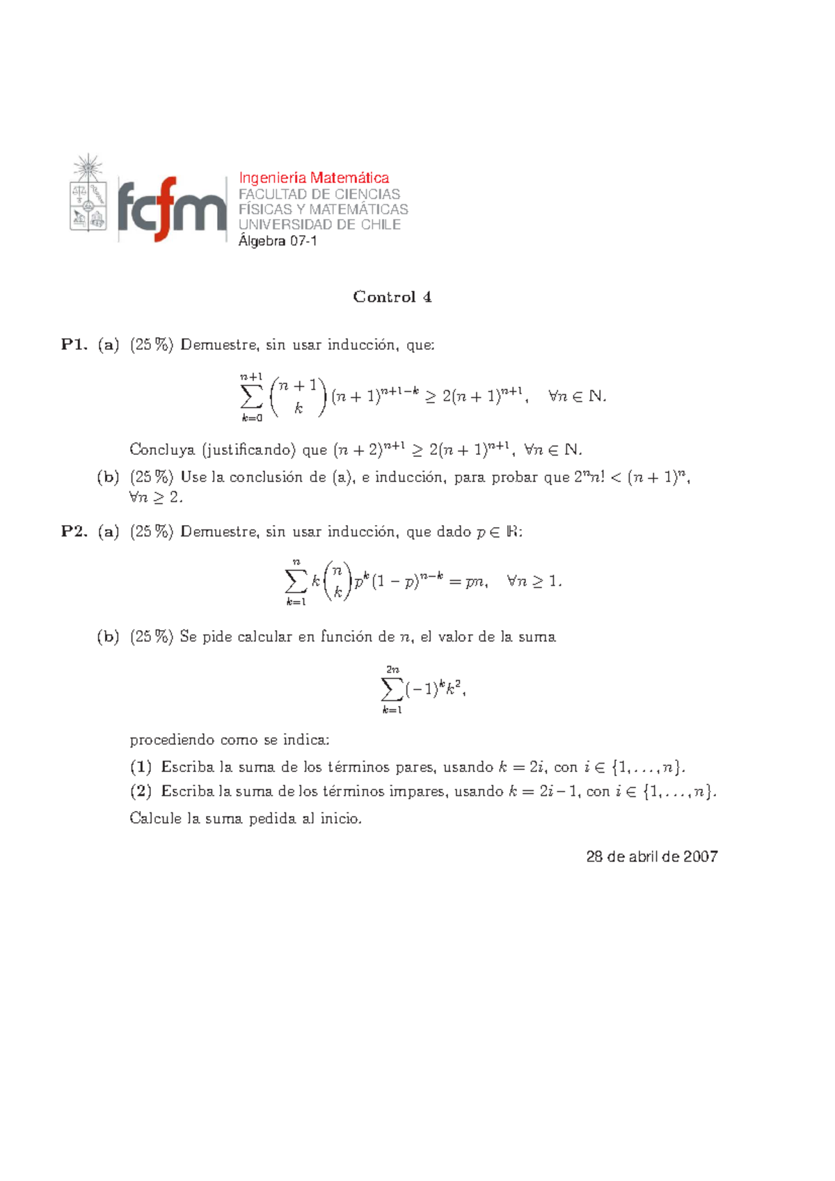 Control 4-Álgebra - Ingenier ́ıa Matem ́atica FACULTAD DE CIENCIAS F ...
