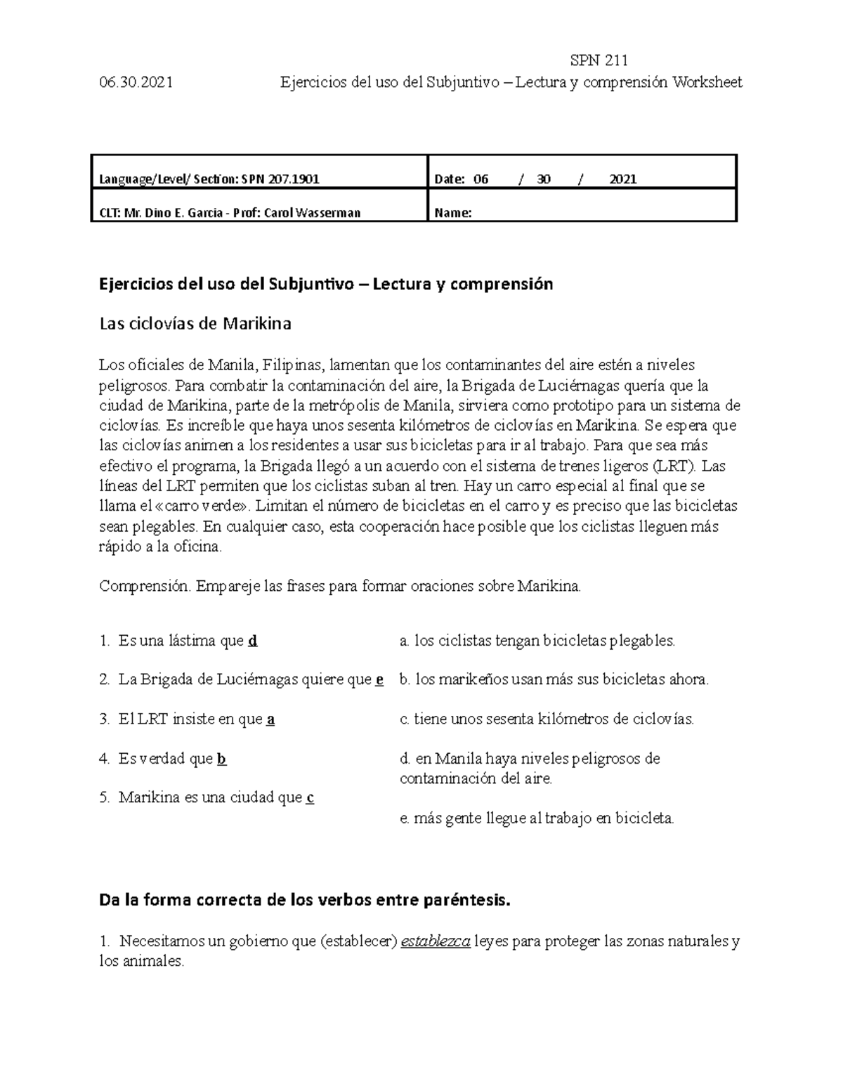 Ejercicios del uso del Subjuntivo – Lectura y comprensión Worksheet ...