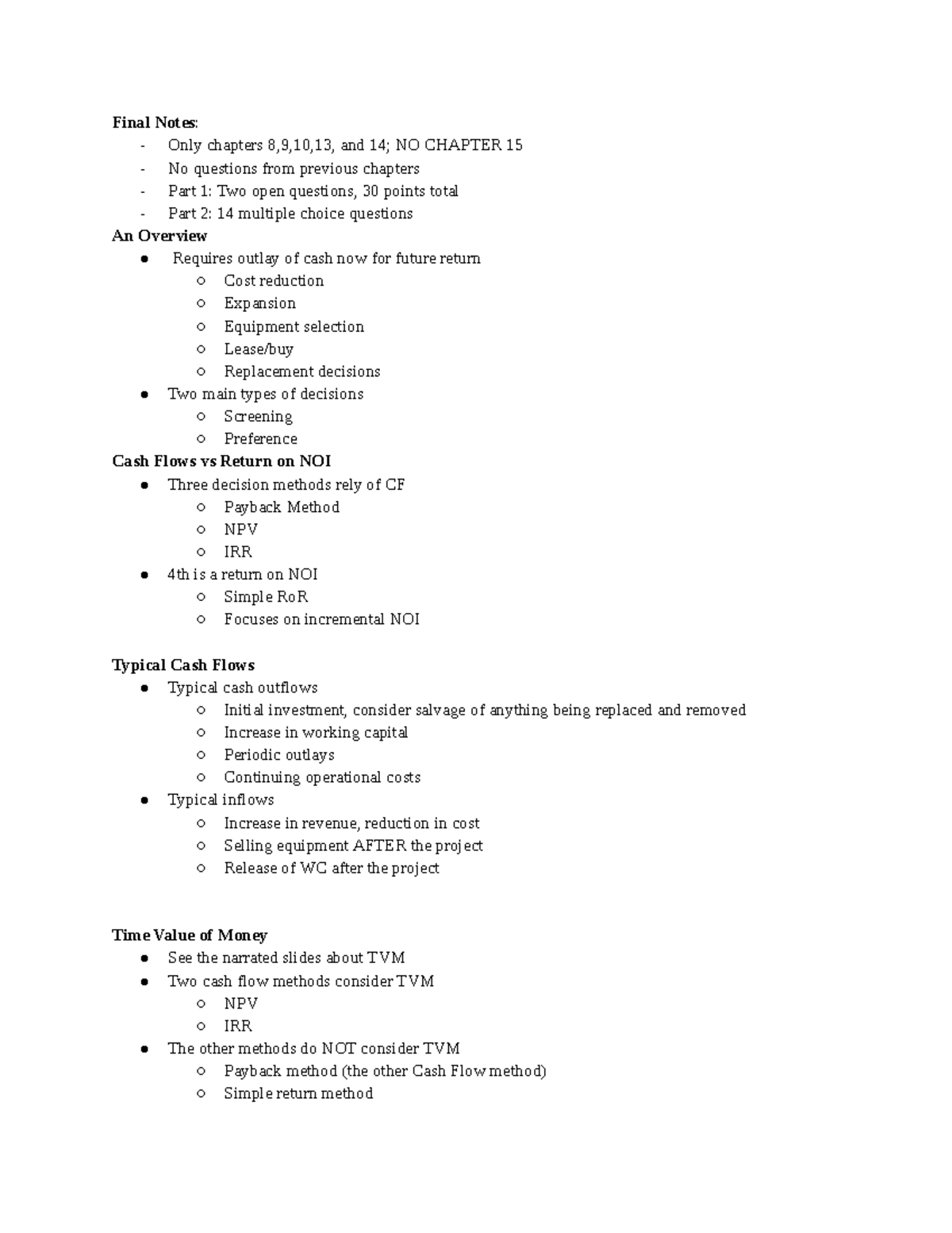 Chapter 14 Capital Budgeting Decisions - Final Notes: - Only chapters 8 ...
