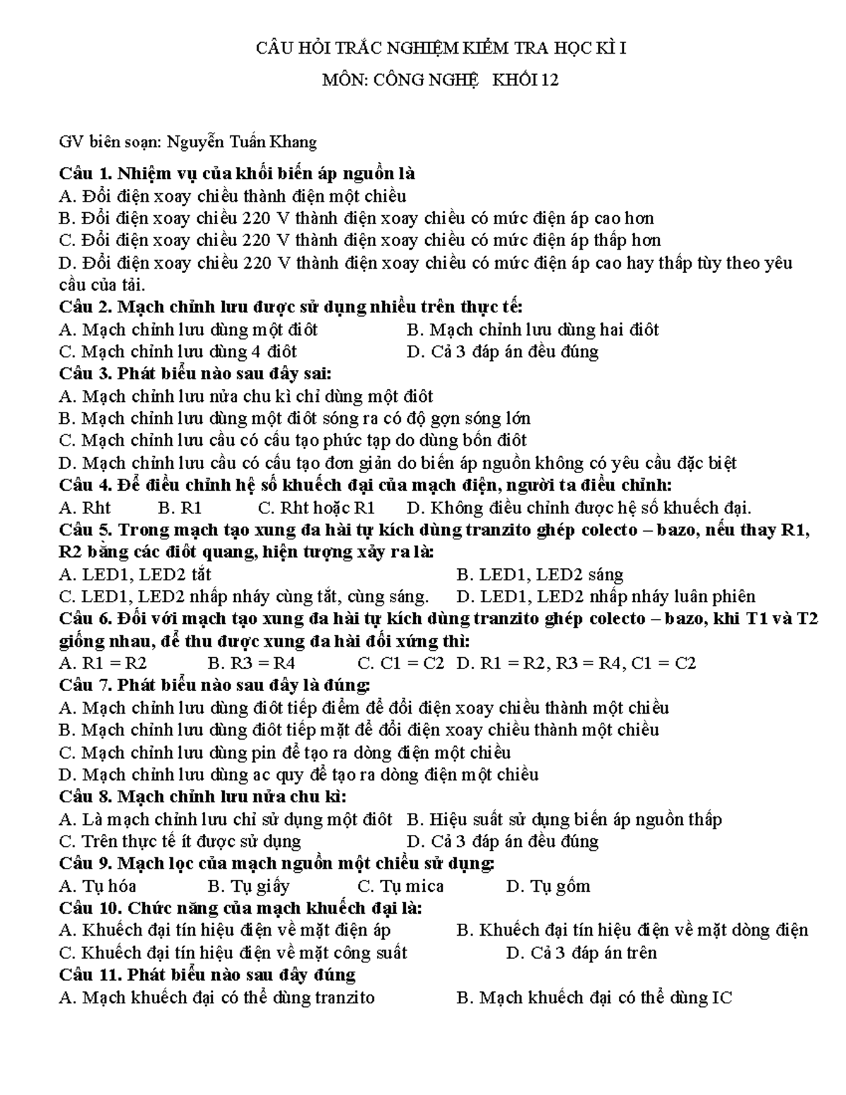 CÂU HỎI ÔNG TẬP CN12-HKI (2023-2024) - CÂU HỎI TRẮC NGHIỆM KIỂM TRA HỌC KÌ I MÔN: CÔNG NGHỆ ...