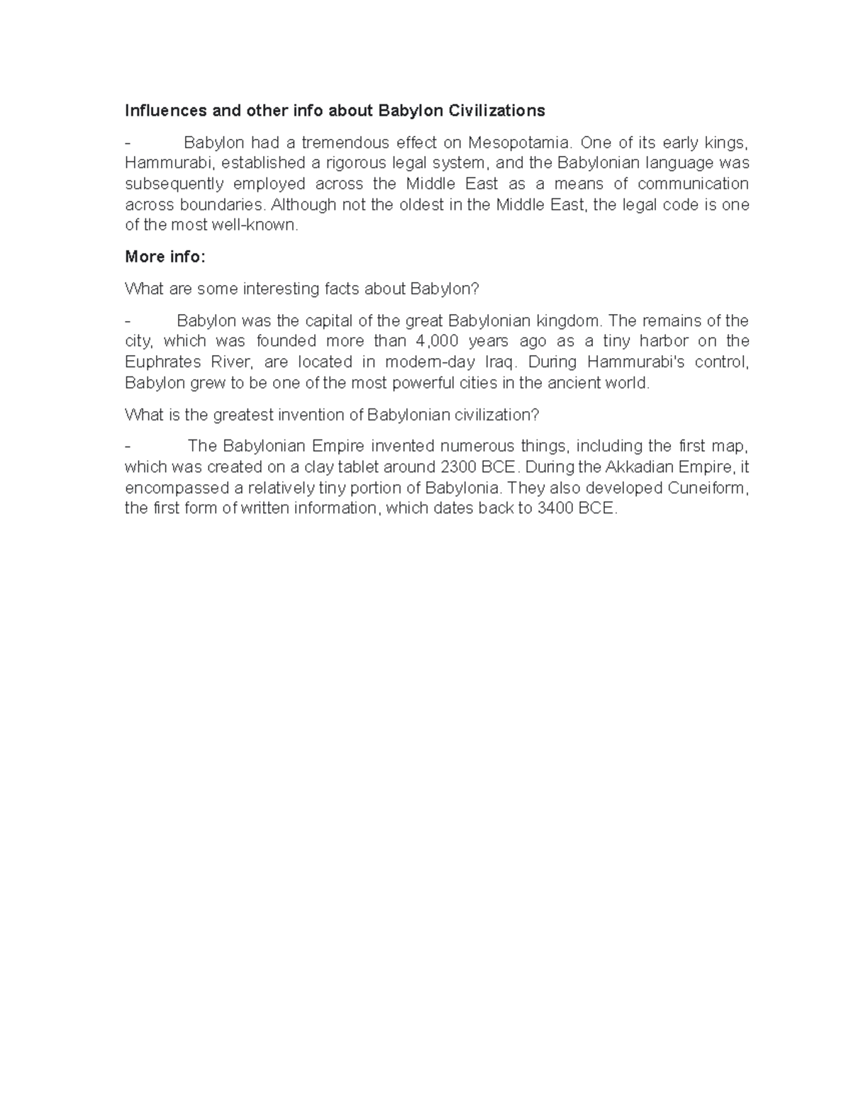 Influences and other info about Babylon Civilizations - One of its ...