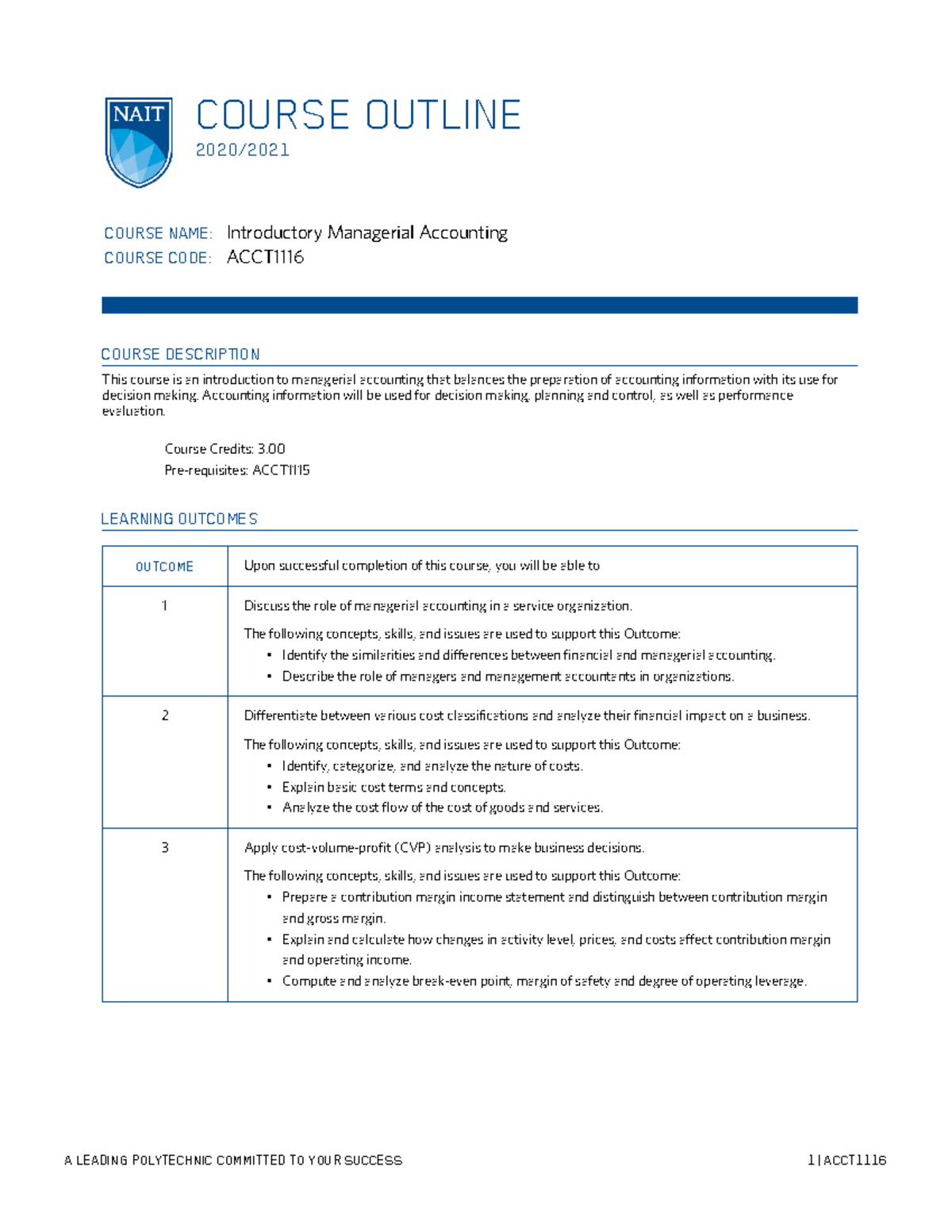 Course Outline ACCT1116 - 2020 - COURSE OUTLINE 2020/ COURSE NAME ...