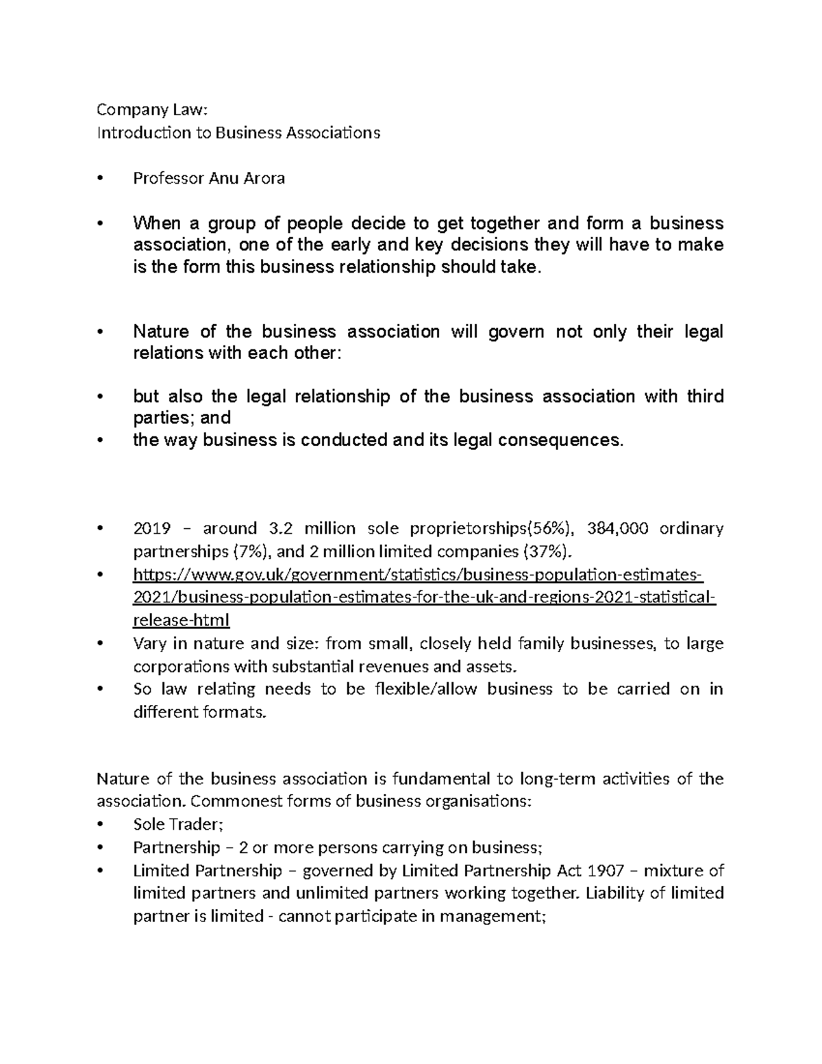 Lecture 1 Business assoc - Company Law: Introduction to Business Associations Professor Anu ...