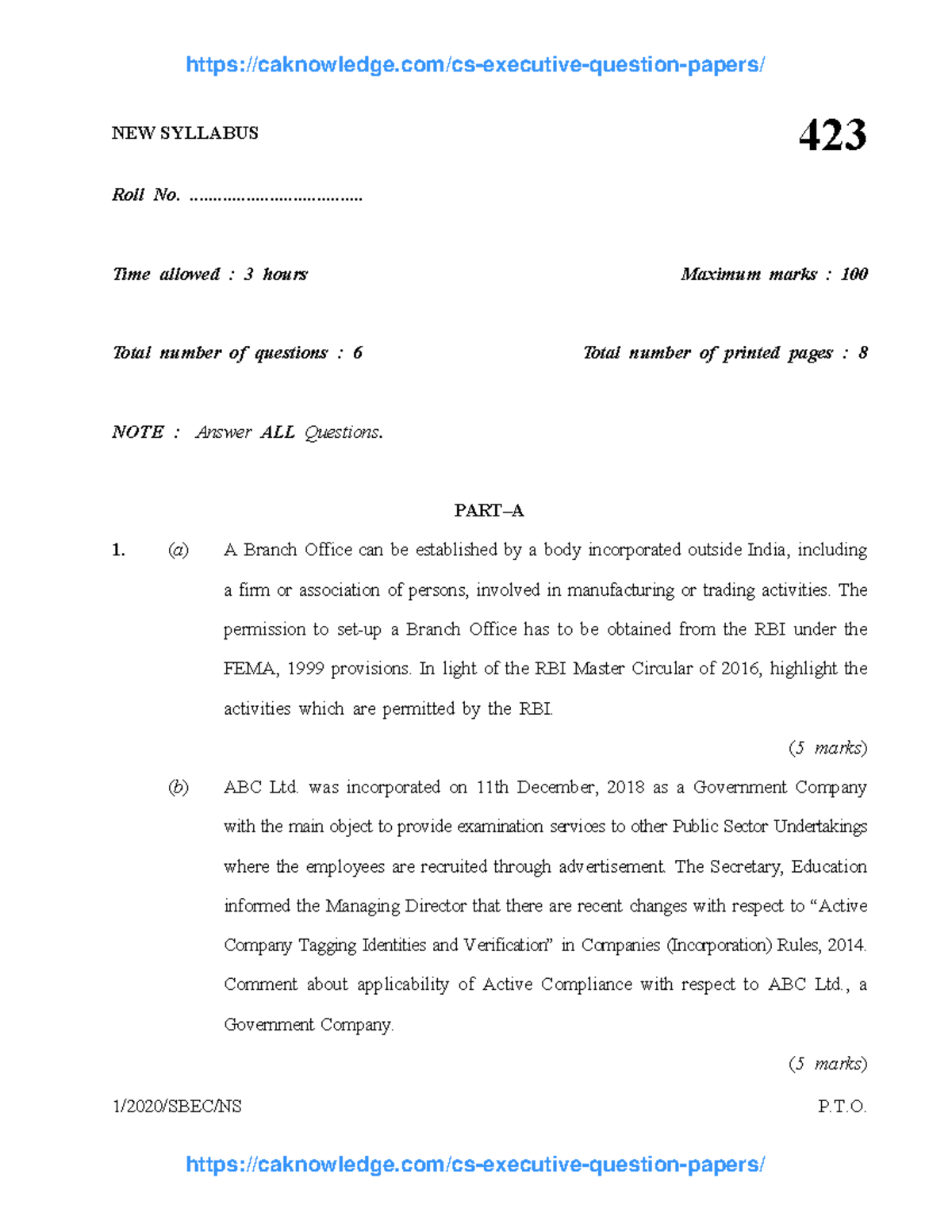 CS Executive SBEC Question Paper Dec 2020 - 1/2020/SBEC/NS P.T. 423 : 1 ...