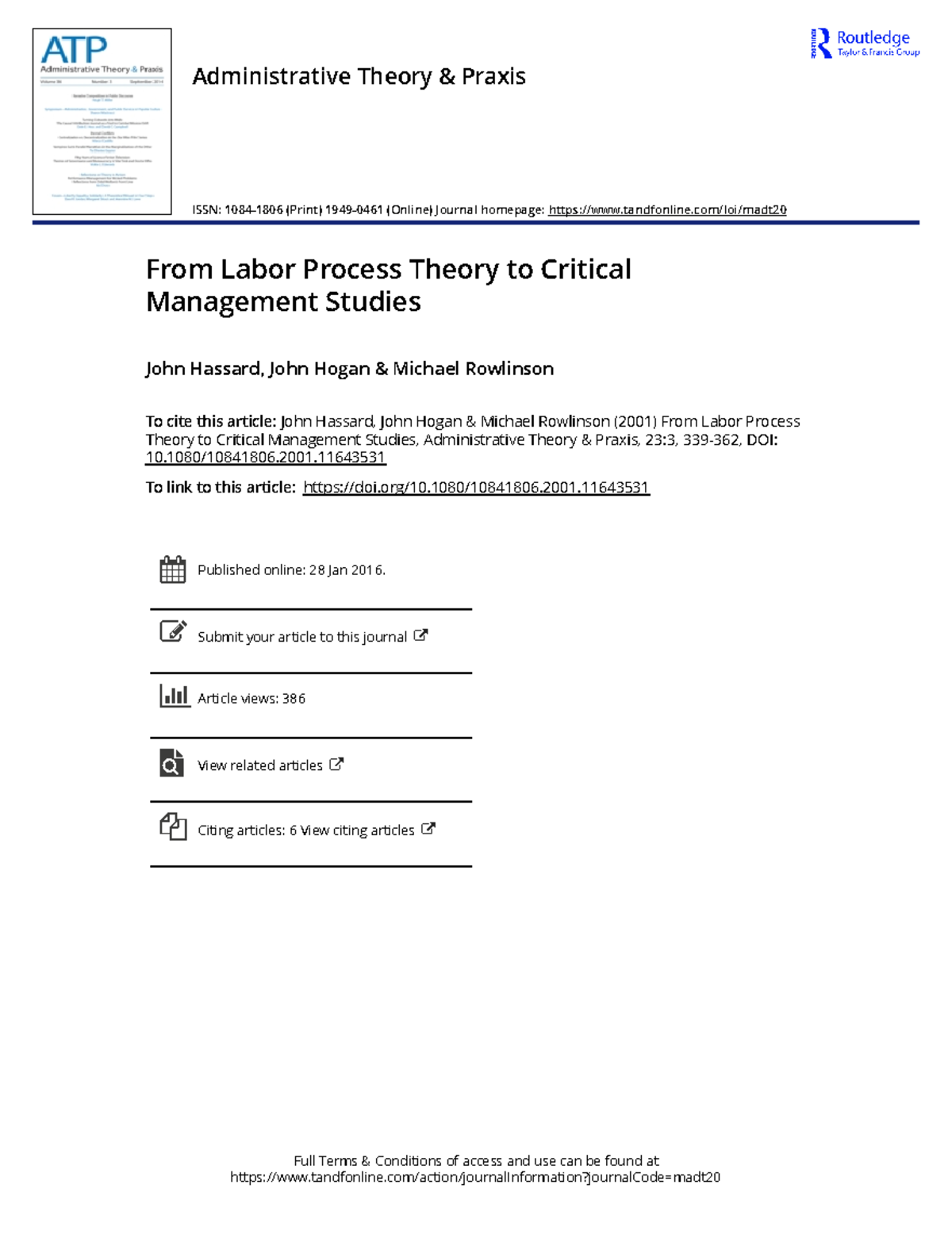 From Labor Process Theory to Critical Management Studies - 1080/ ...