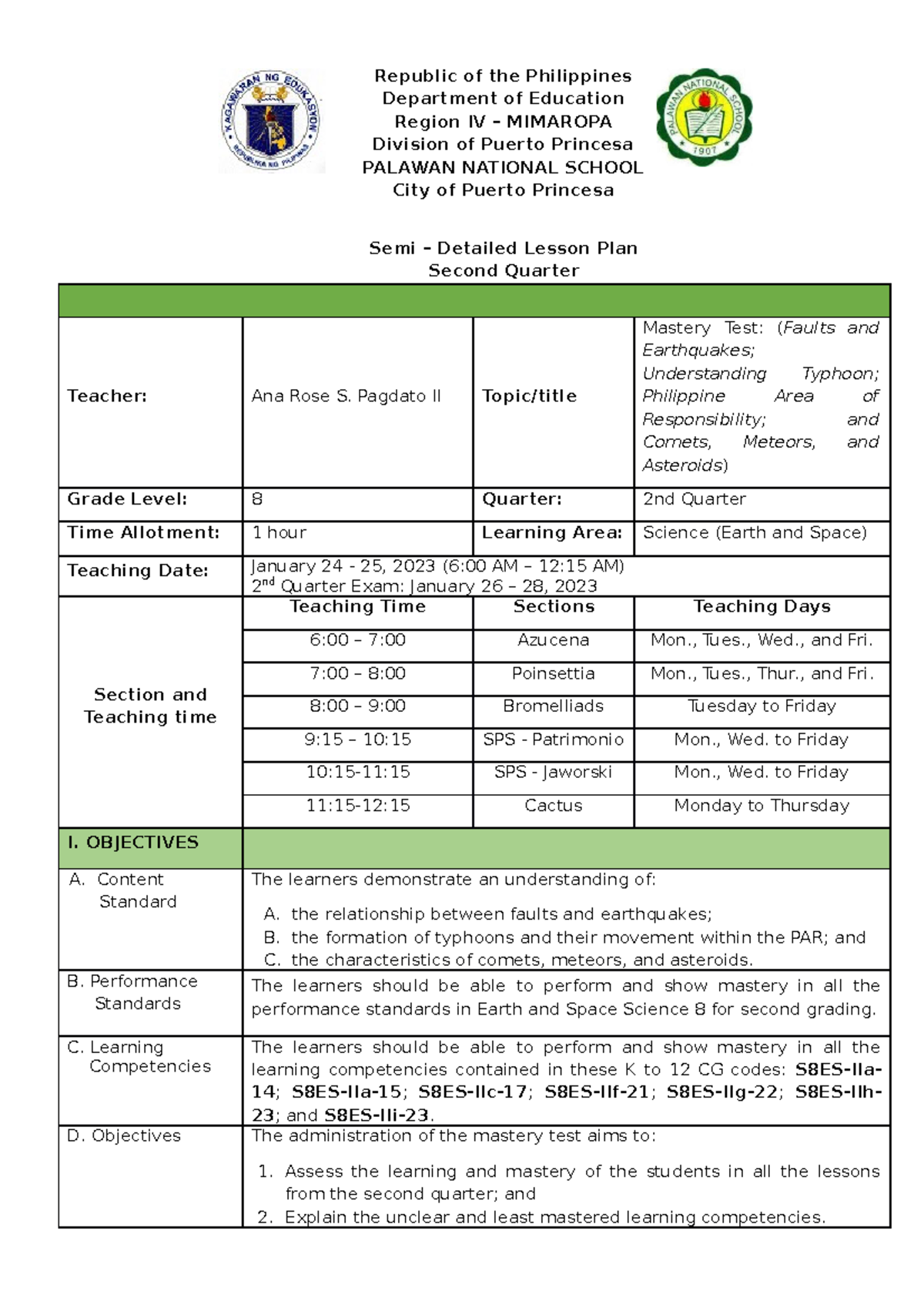 Lesson Plan in Science 8 (Q2 - W8 ) (Day 1) - Republic of the ...