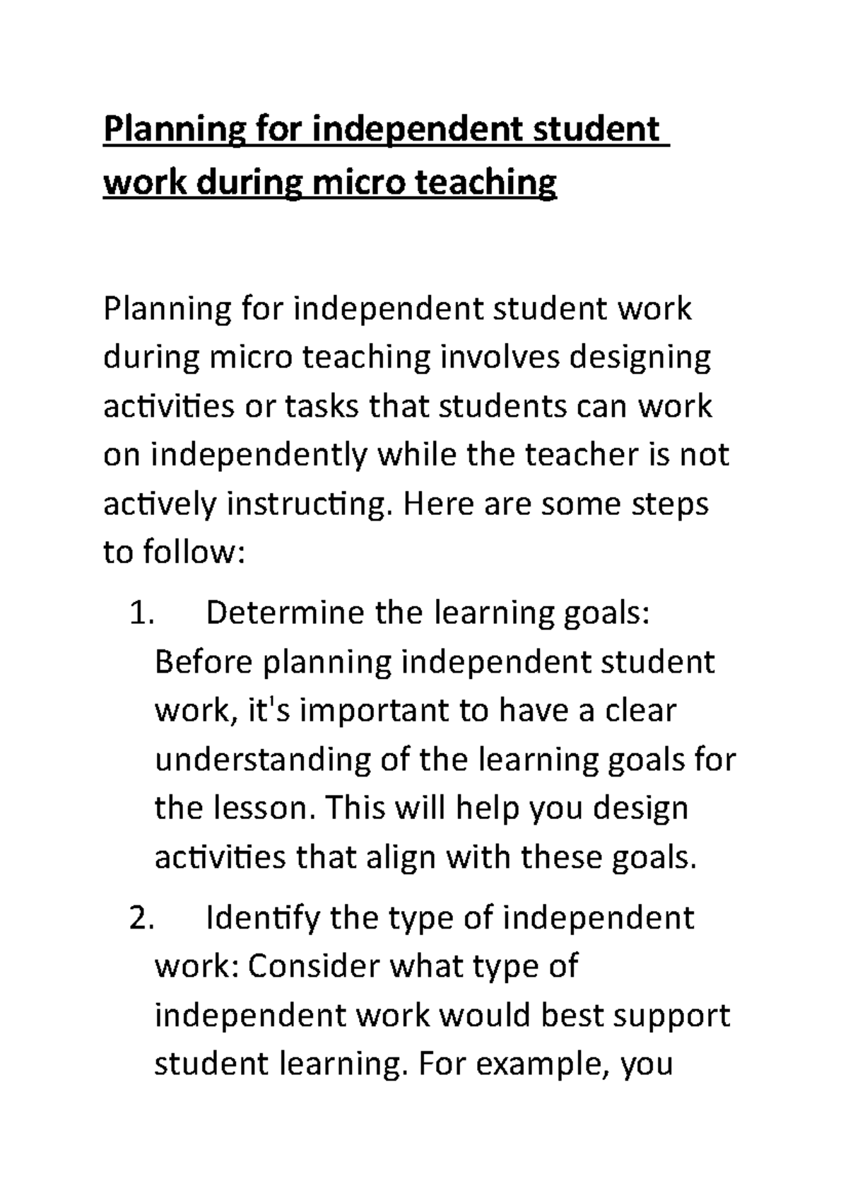 Planning for independent student work during micro teaching - Planning ...