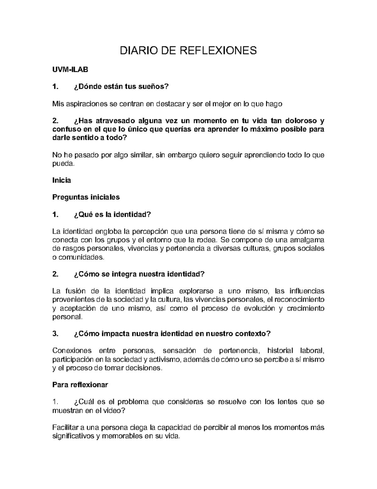 Diario de reflexiones - DIARIO DE REFLEXIONES UVM-ILAB ¿Dónde están tus sueños? Mis aspiraciones ...