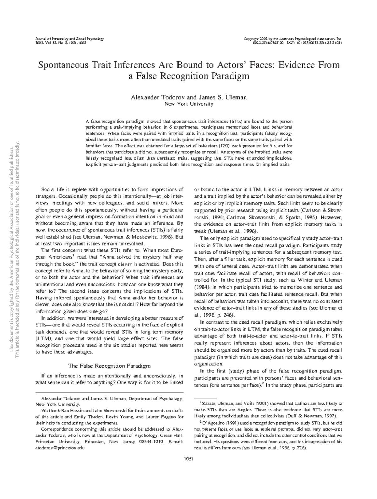 Todorov Uleman 2002 - lecture info - Spontaneous Trait Inferences Are ...