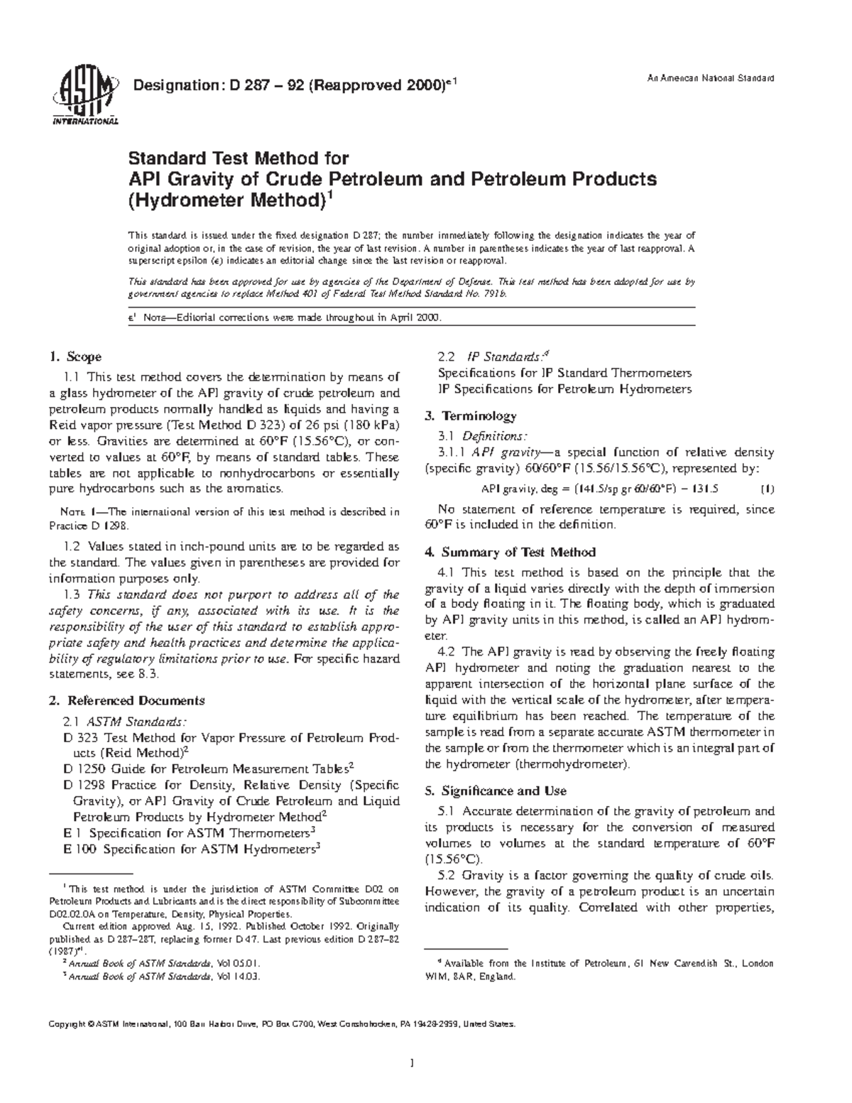 ASTM D287 - necesito - Designation: D 287 – 92 (Reapproved 2000) e 1 An ...