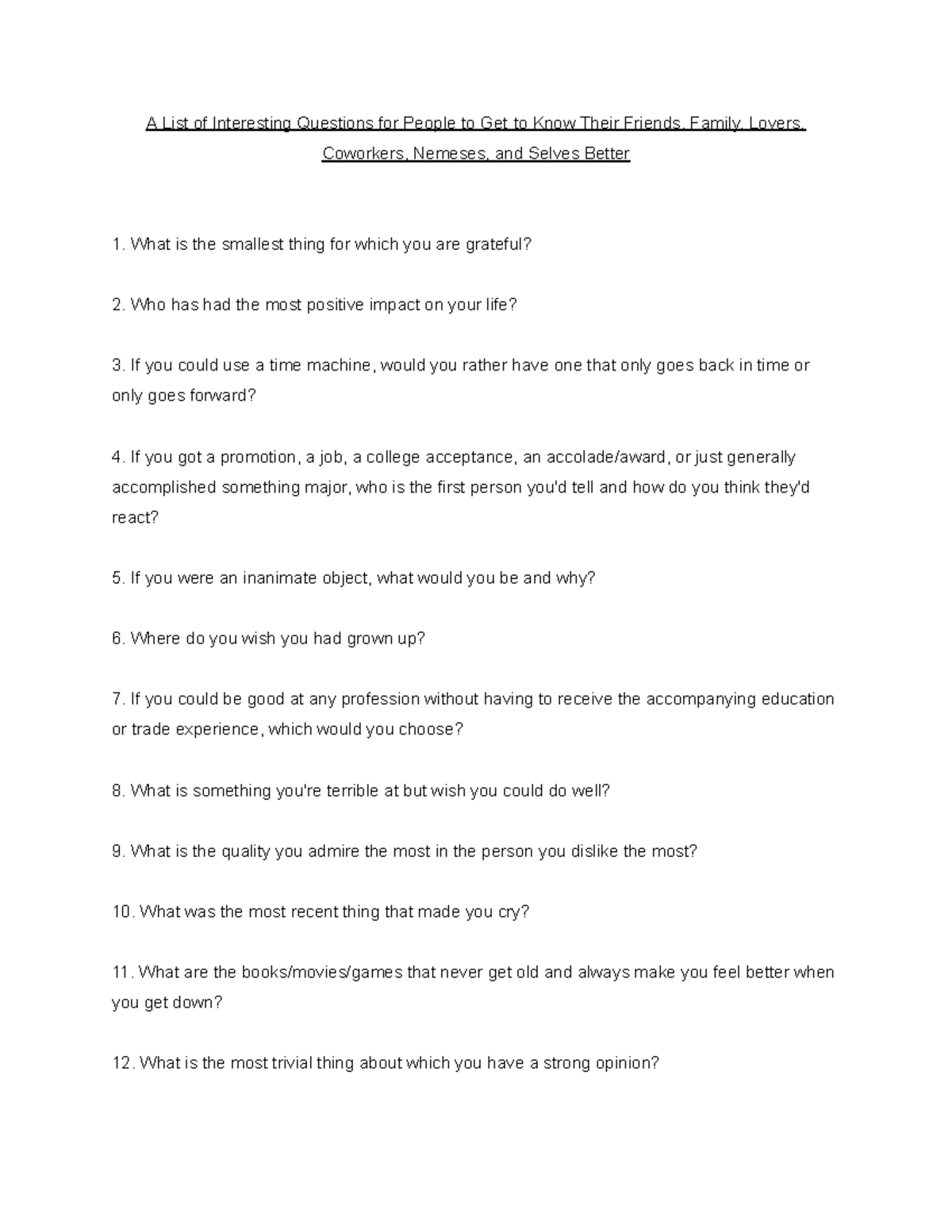 Random Questions on the - A List of Interesting Questions for People to ...