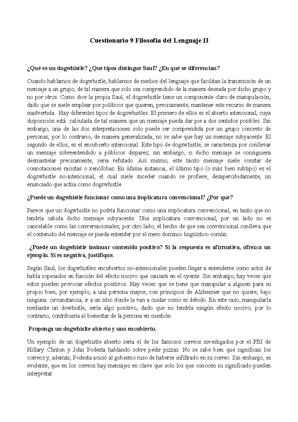 Cuestionario 9 Mireia Chicote - Cuestionario 9 Filosofia del Lenguaje II ¿Qué es un dogwhistle ...