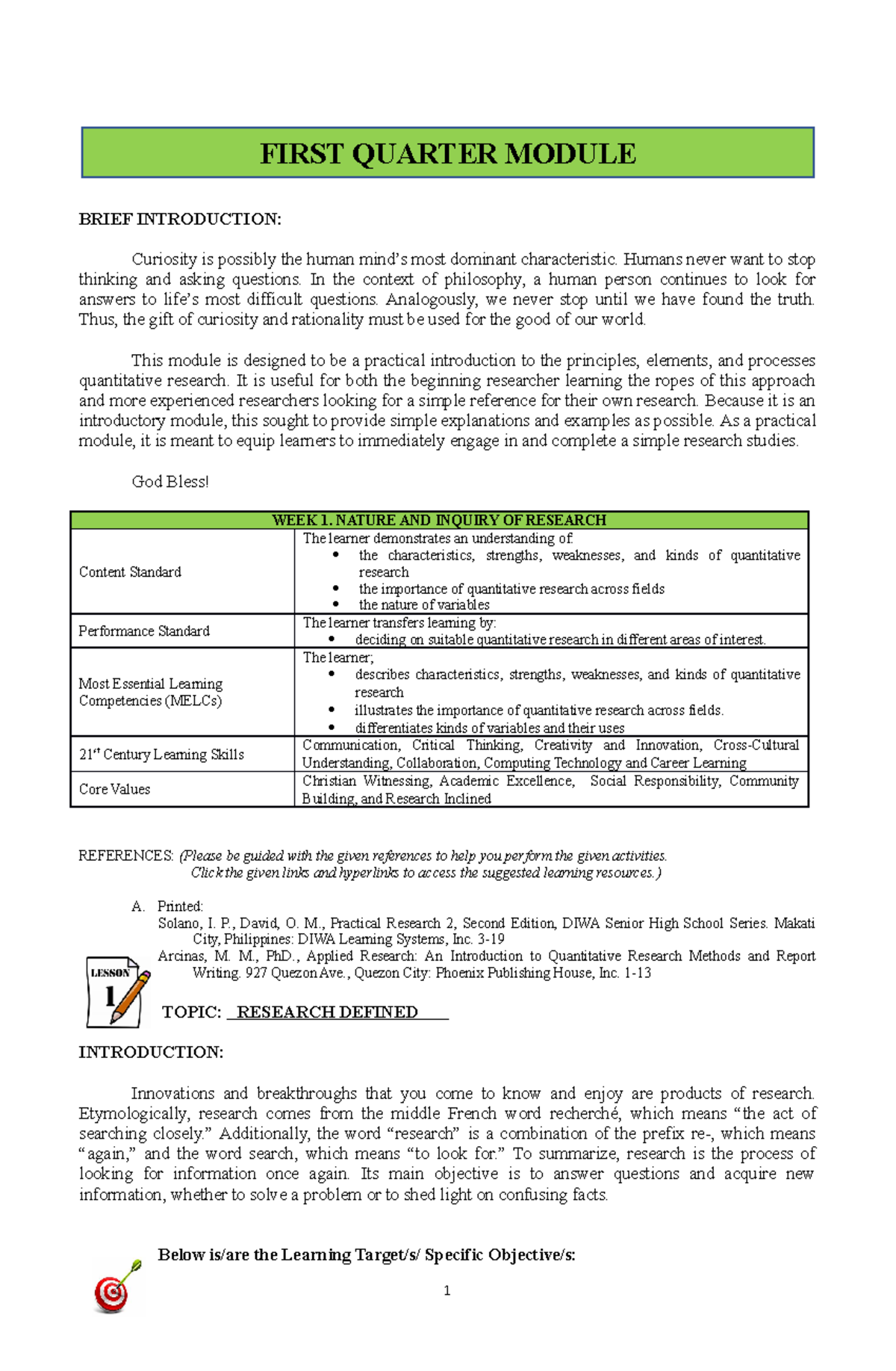 PR-2-Q1 - MODULE ON PR 2- 1ST QUARTER - BRIEF INTRODUCTION: Curiosity ...