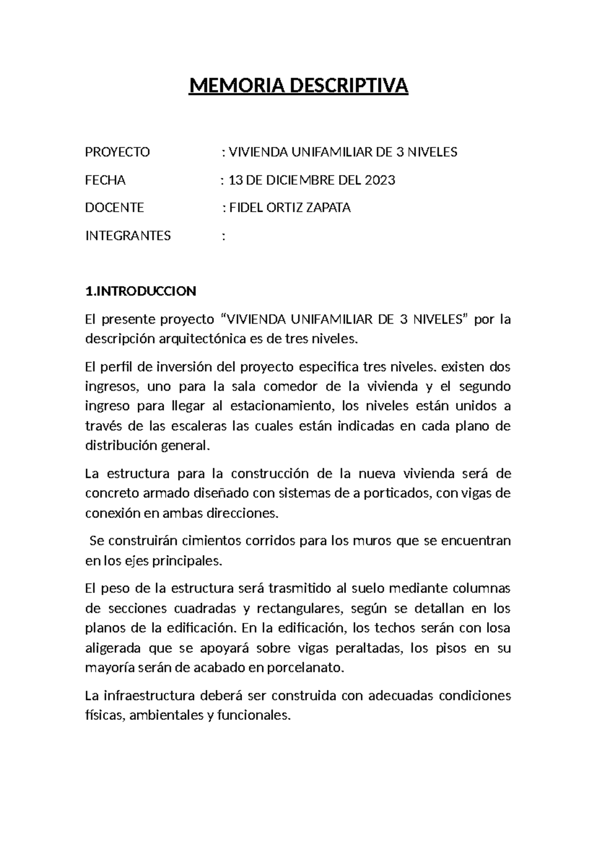 Memoria Descriptiva - MEMORIA DESCRIPTIVA PROYECTO : VIVIENDA ...