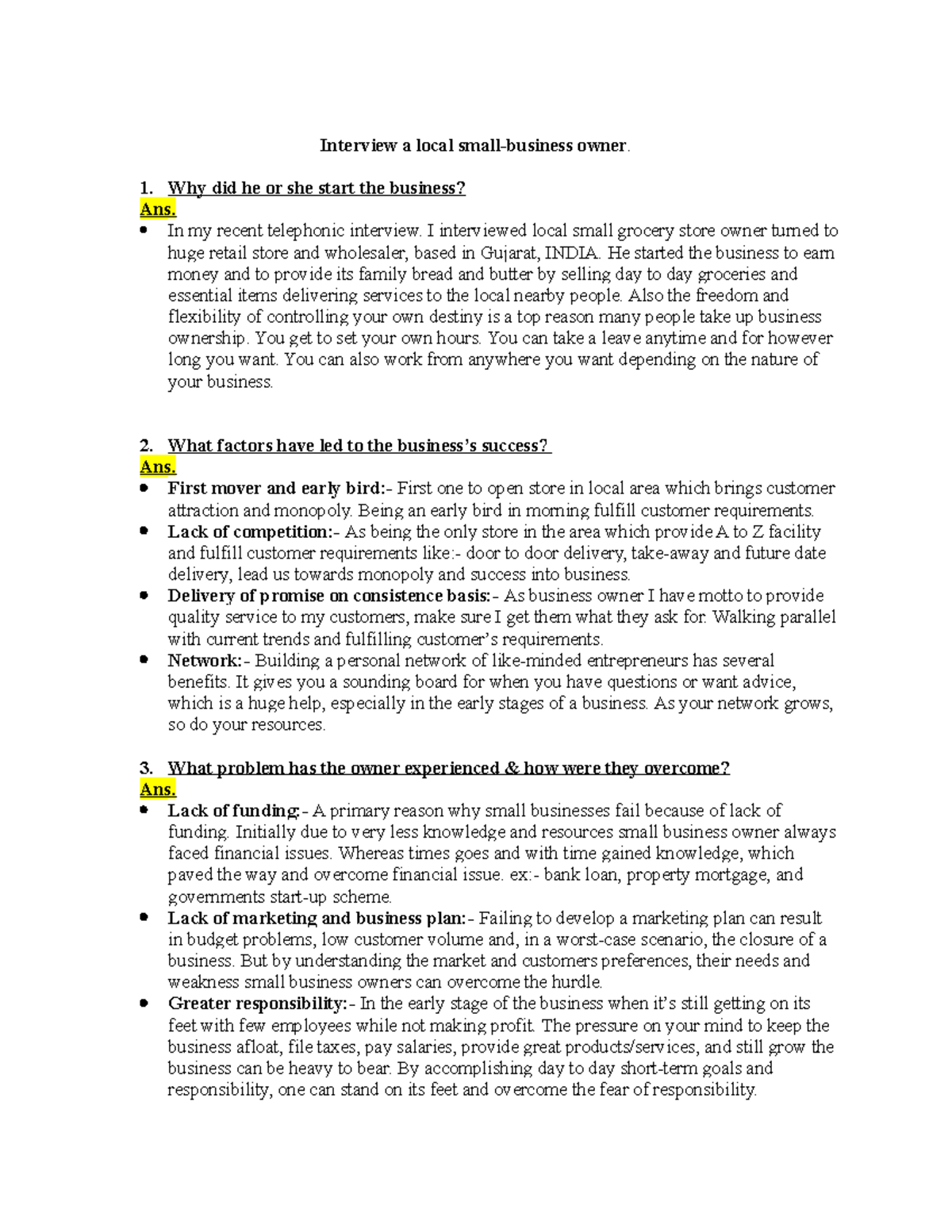 Week-13 assig. Business principle - Interview a local small-business ...