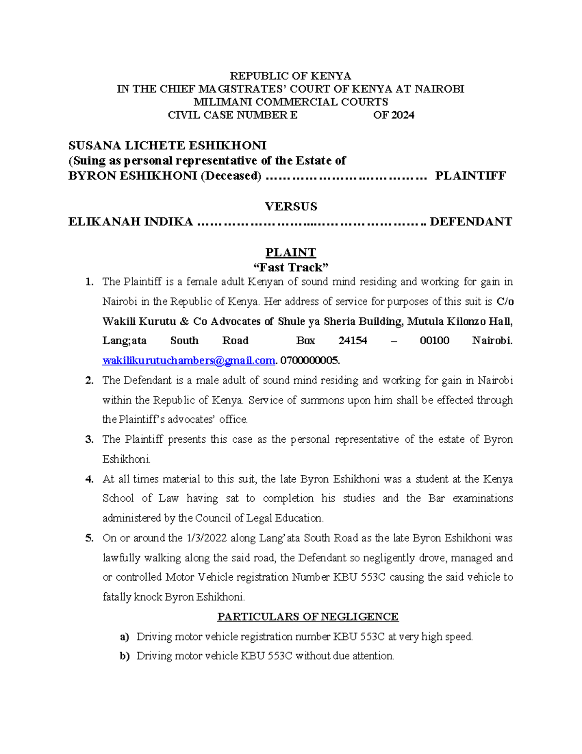 Draft Pleading - Revision - REPUBLIC OF KENYA IN THE CHIEF MAGISTRATES ...