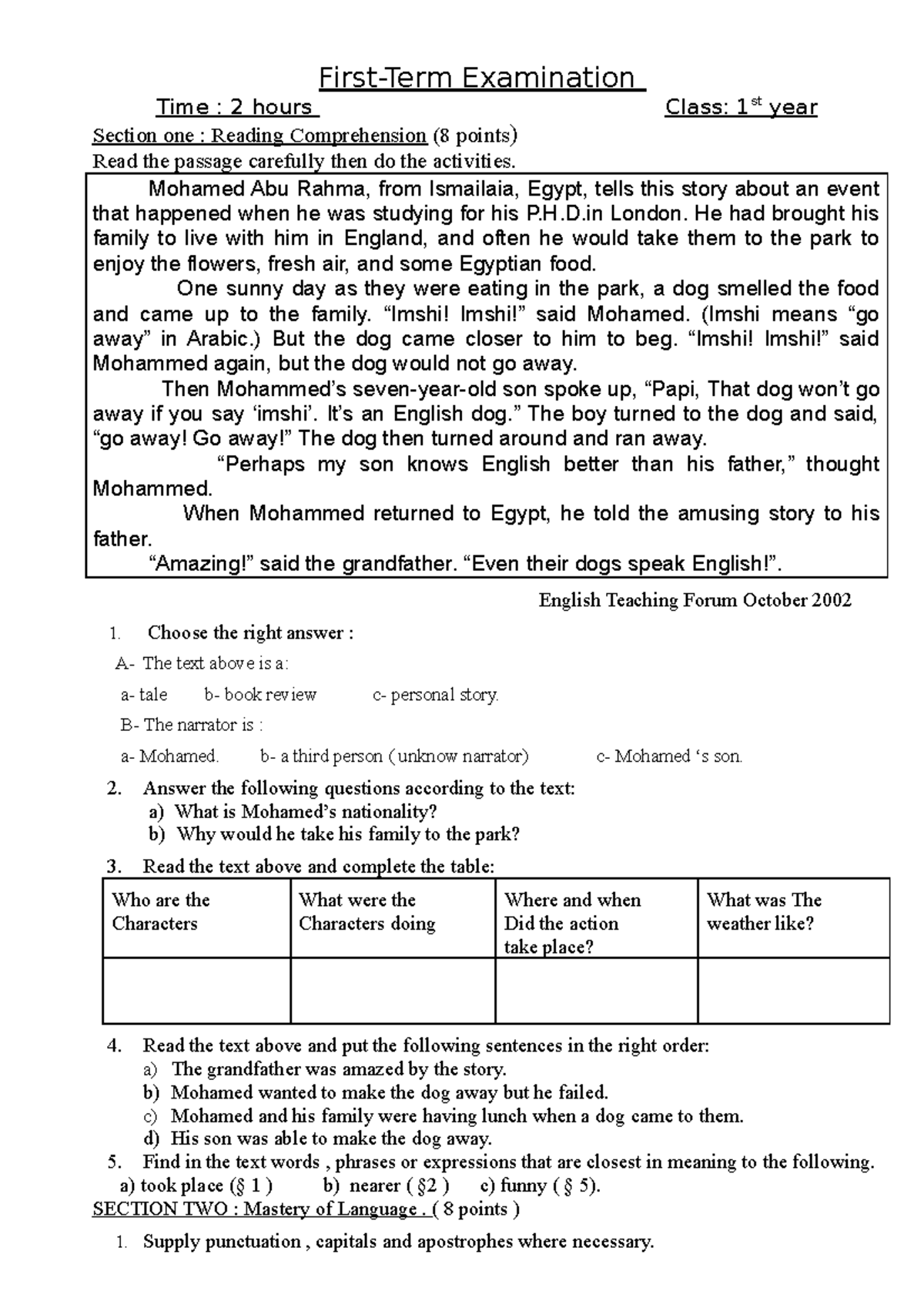 English-1as1b - examen 1as - First-Term Examination Time : 2 hours C ...