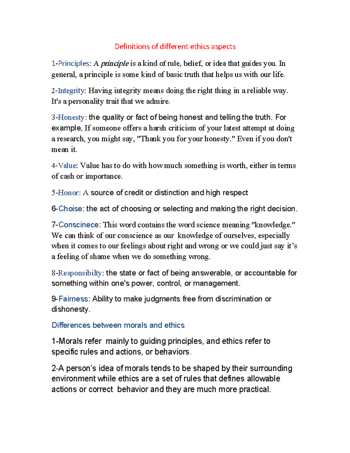 Definitions of different ethics aspects - Definitions of different ...