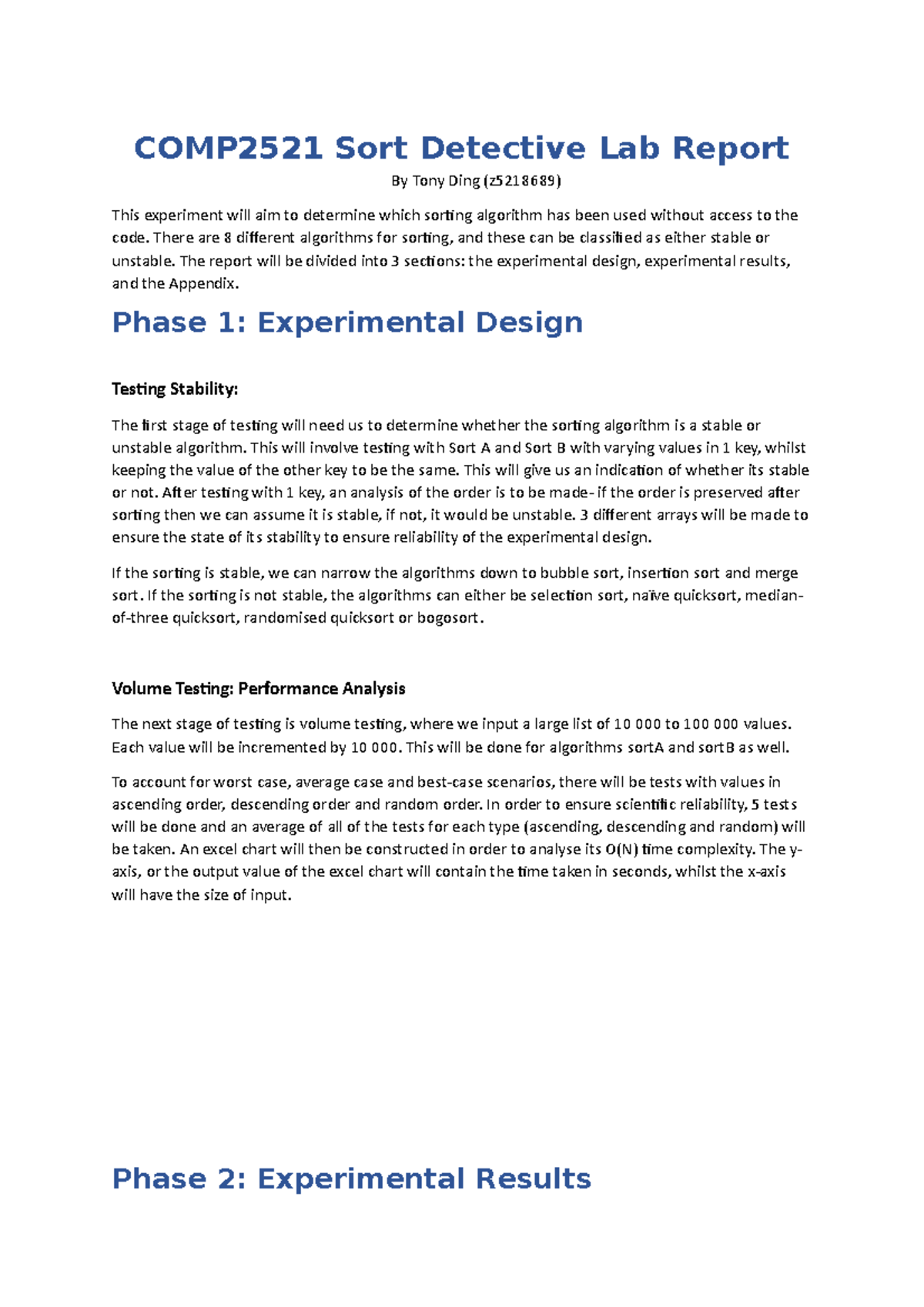 Comp2521 Sort Detective Lab Report There Are 8 Different Algorithms