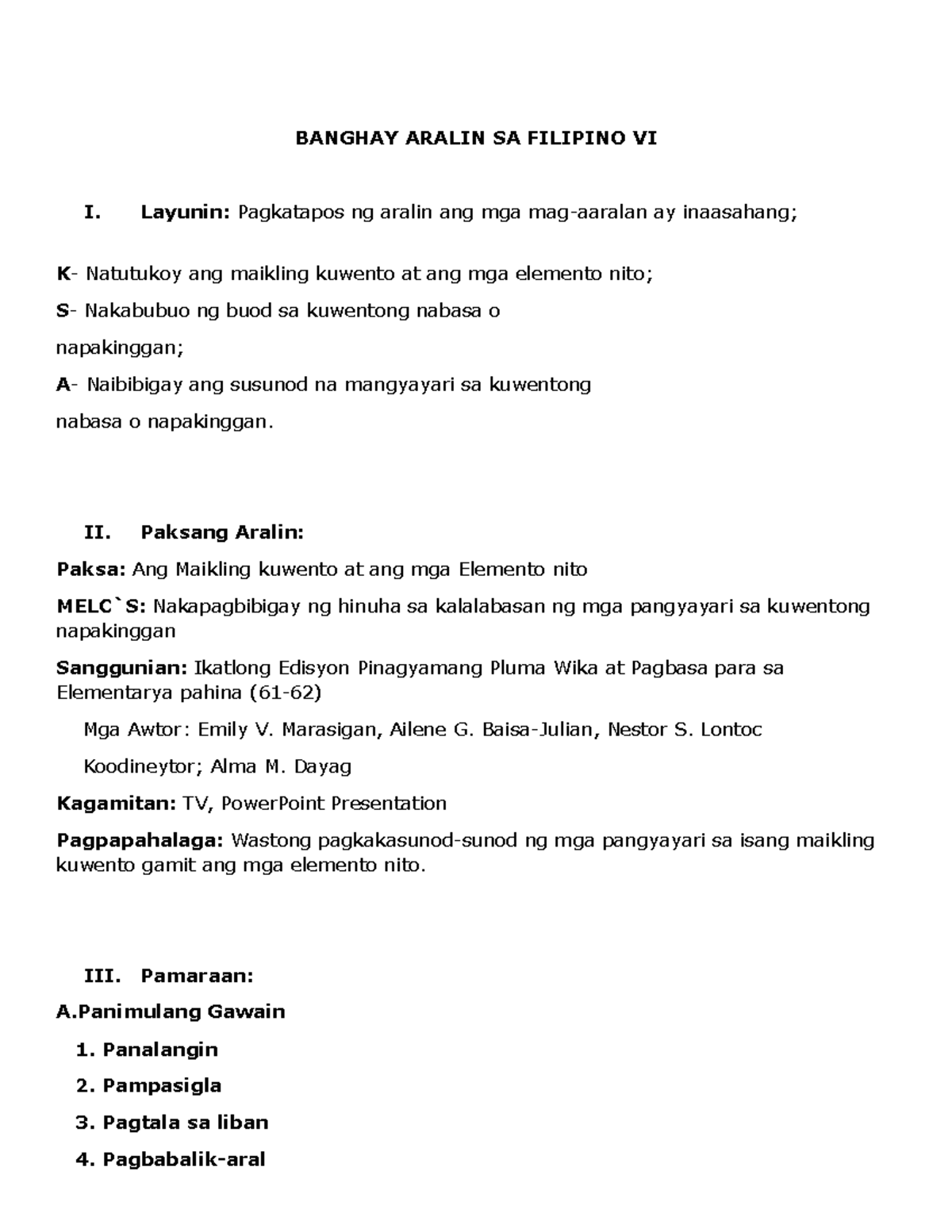 Banghay Aralin SA Filipino VI - BANGHAY ARALIN SA FILIPINO VI I ...