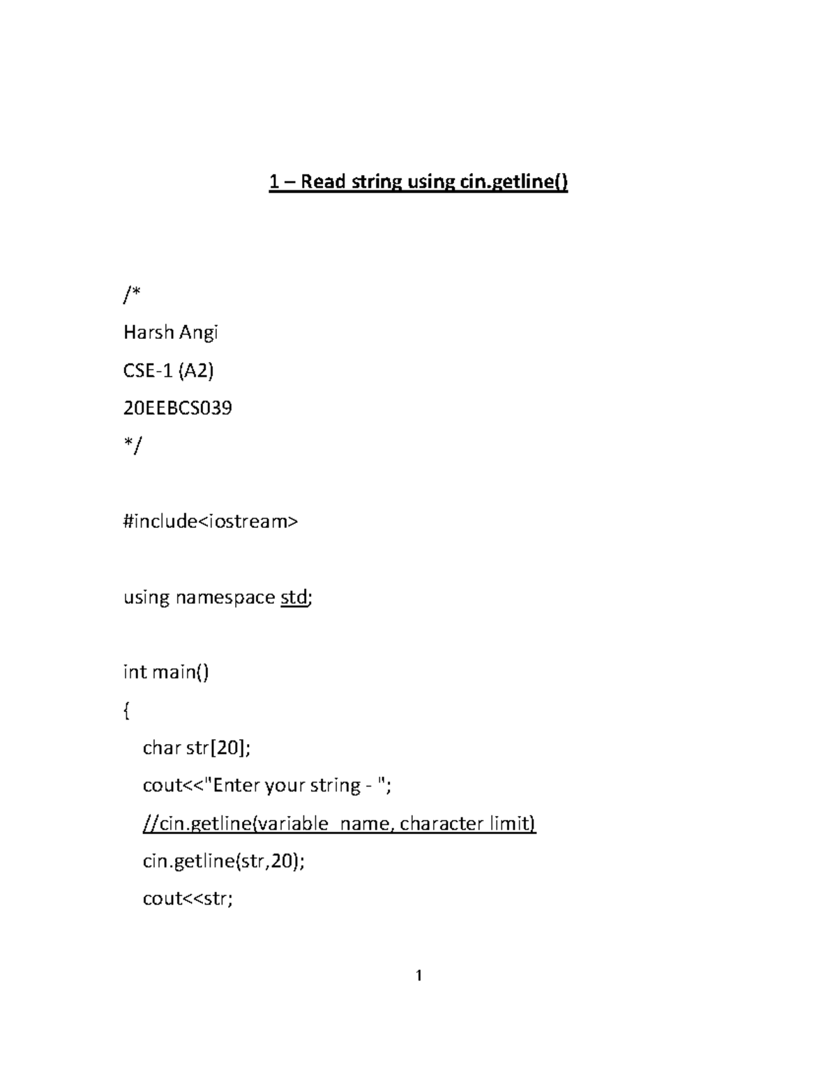 Harsh Angi oops - 1 – Read string using cin() /* Harsh Angi CSE-1 (A2 ...