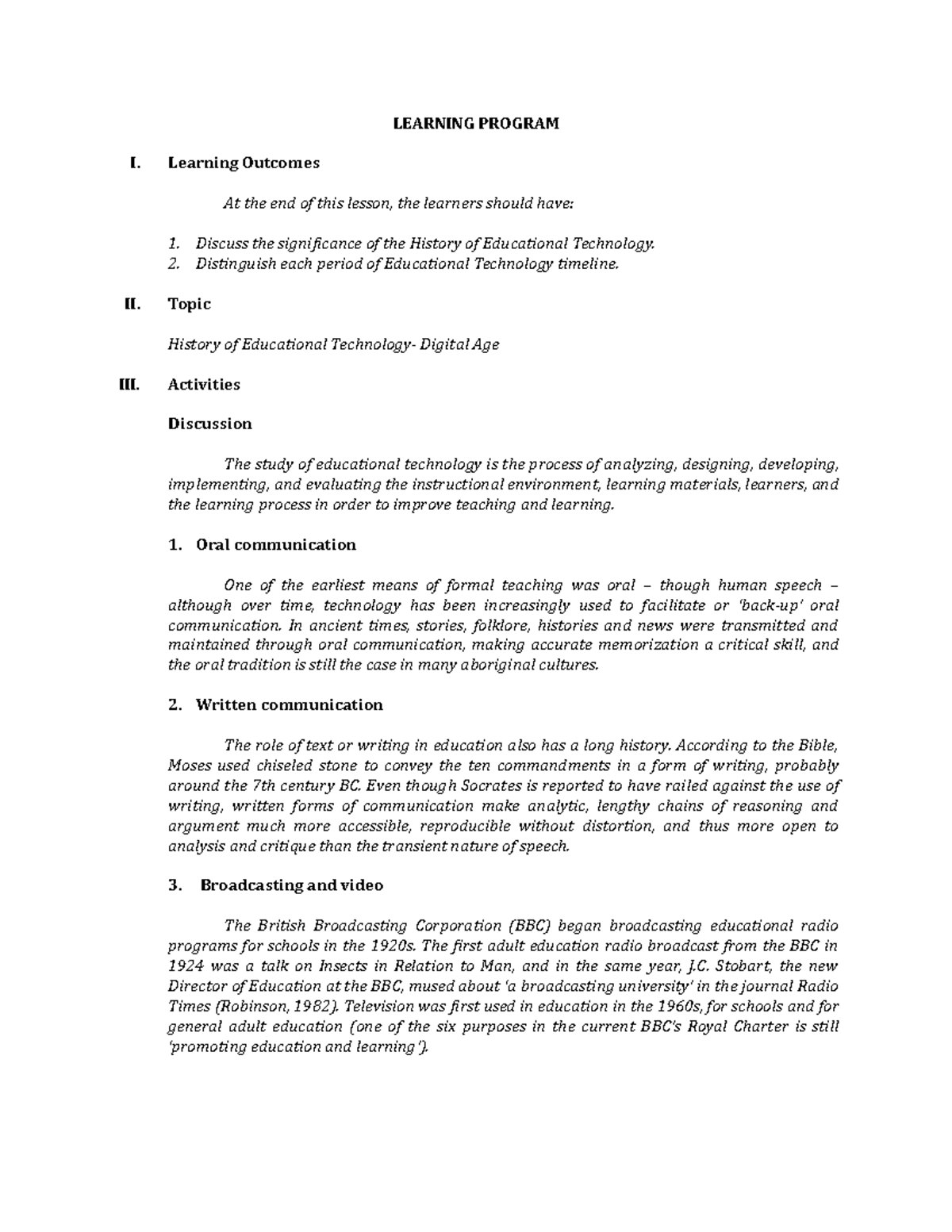 Learning Program - none - LEARNING PROGRAM I. Learning Outcomes At the ...