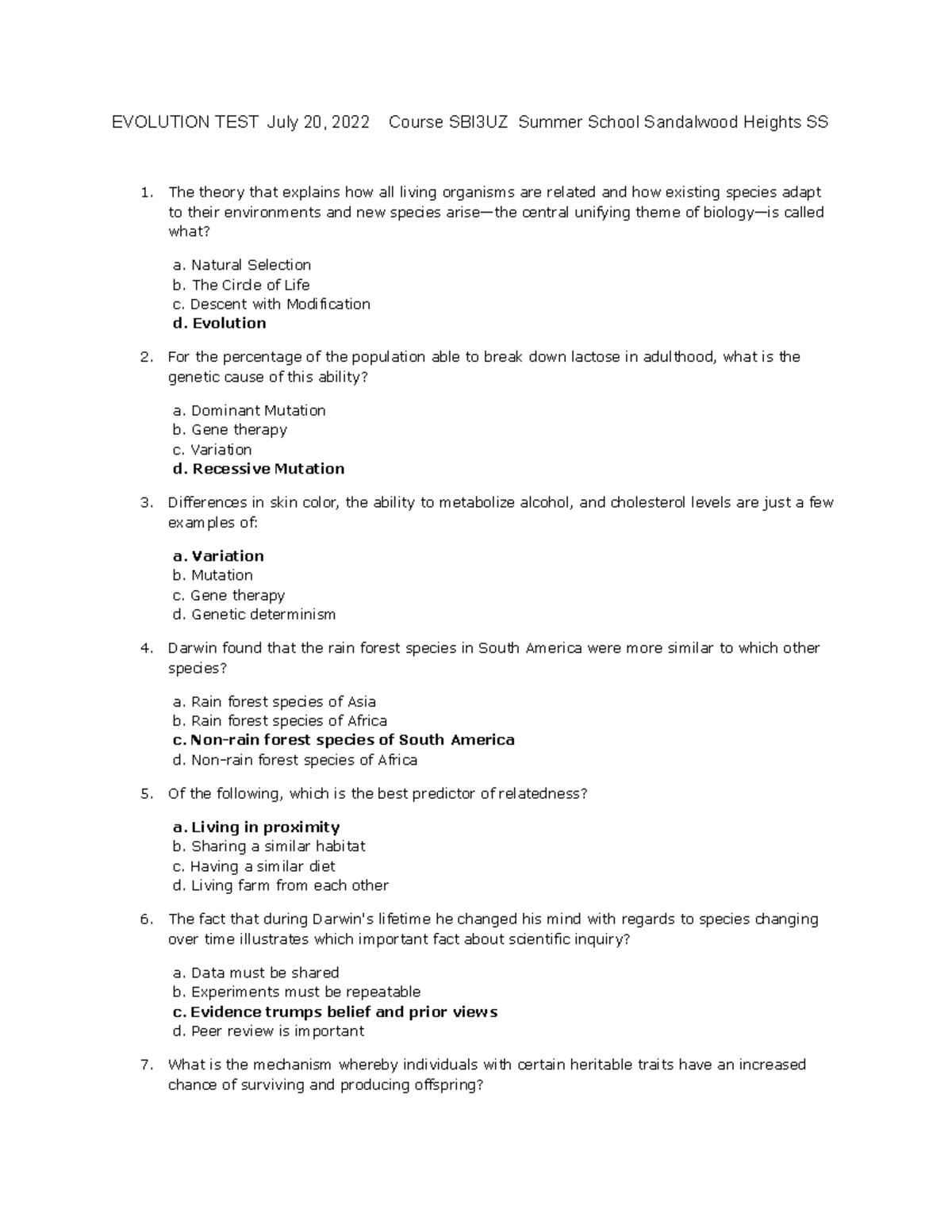 Evolution TEST - EVOLUTION TEST July 20, 2022 Course SBI3UZ Summer ...