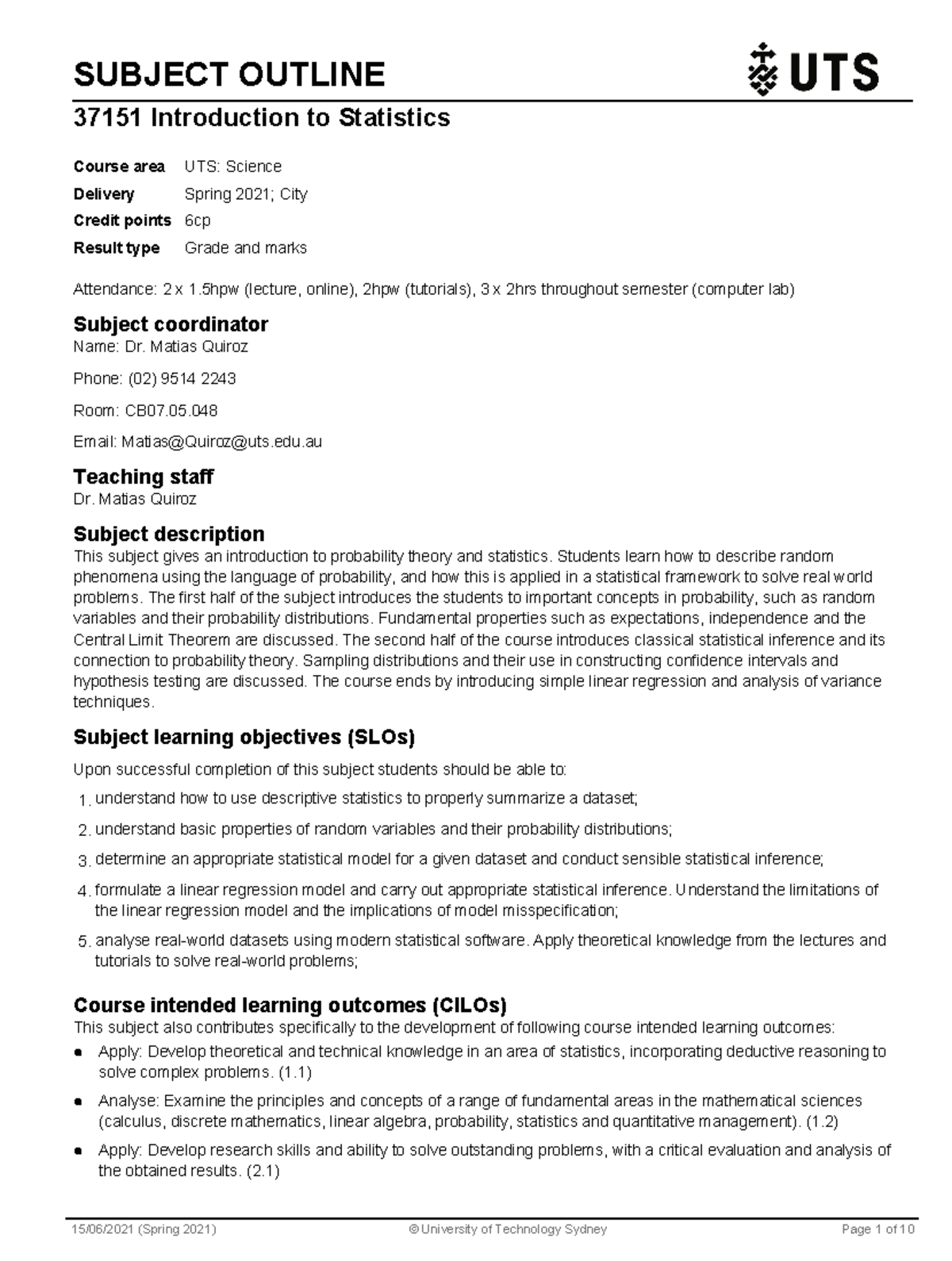 Stats outline 2021 University of technology - SUBJECT OUTLINE 37151 ...