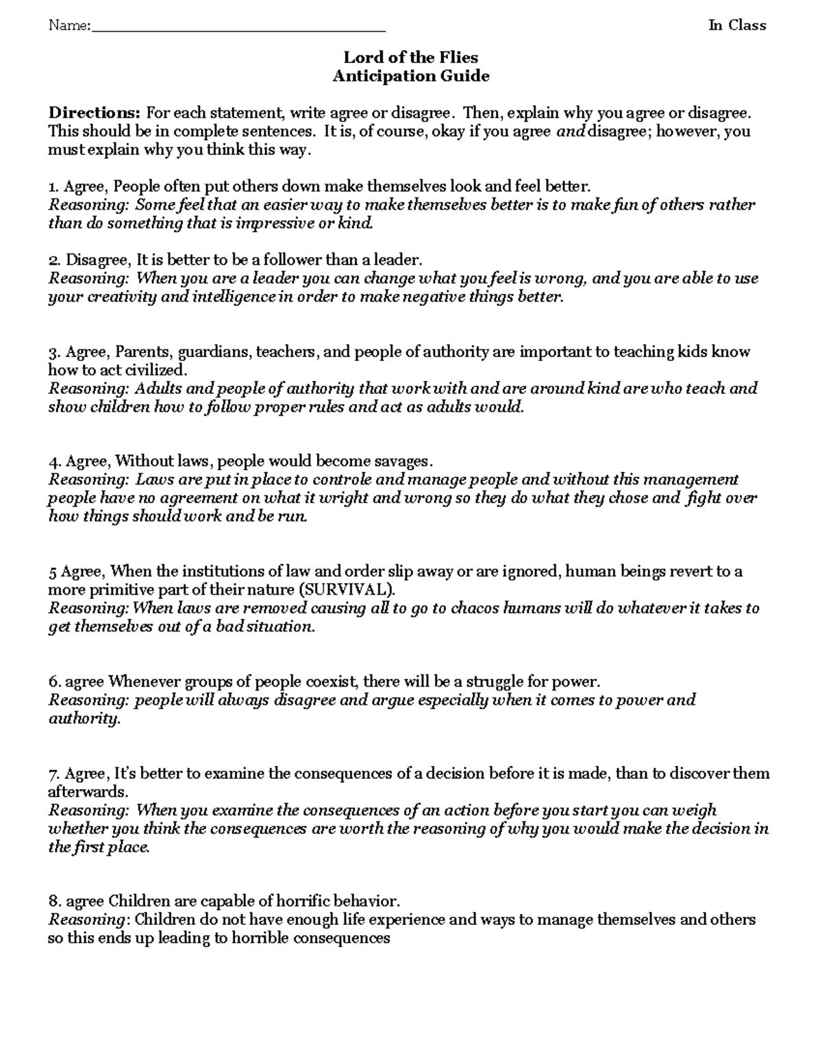 Lordofthe Flies Anticipation Guide-1 - Name ...