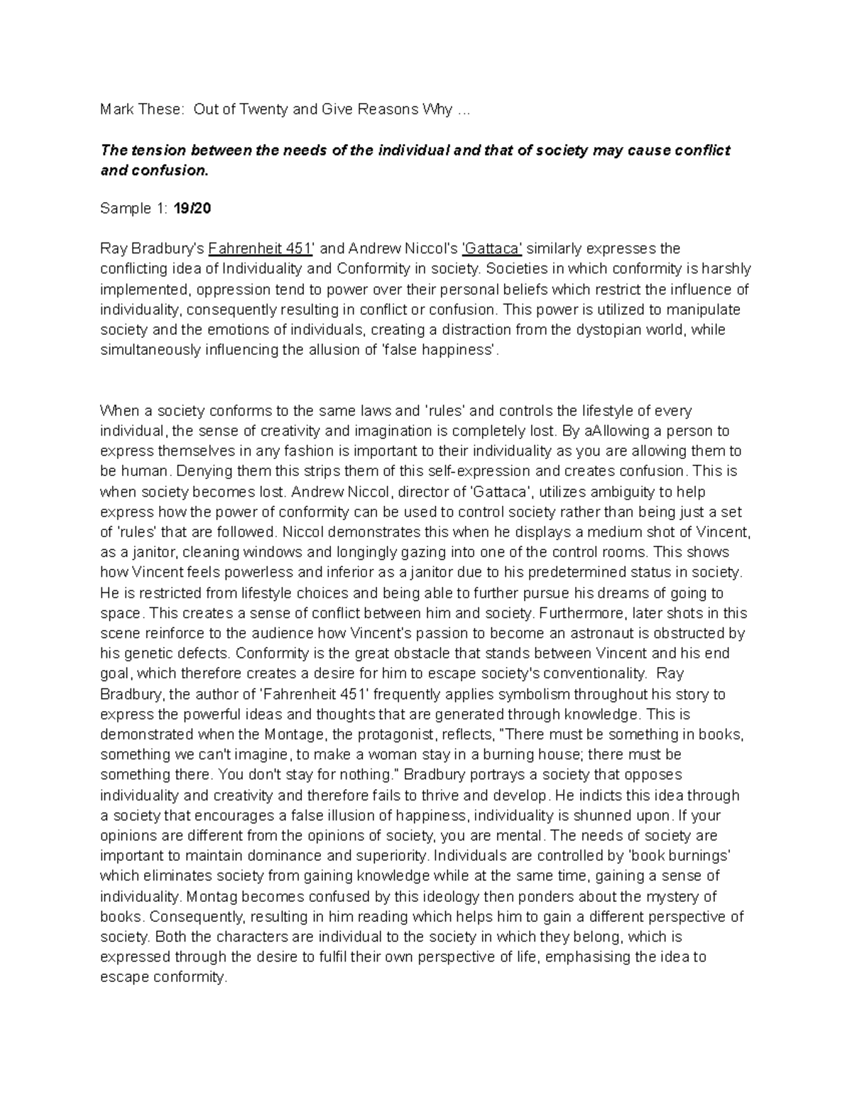 Year 10 Farenheit 451 Example Essay - Mark These: Out of Twenty and ...
