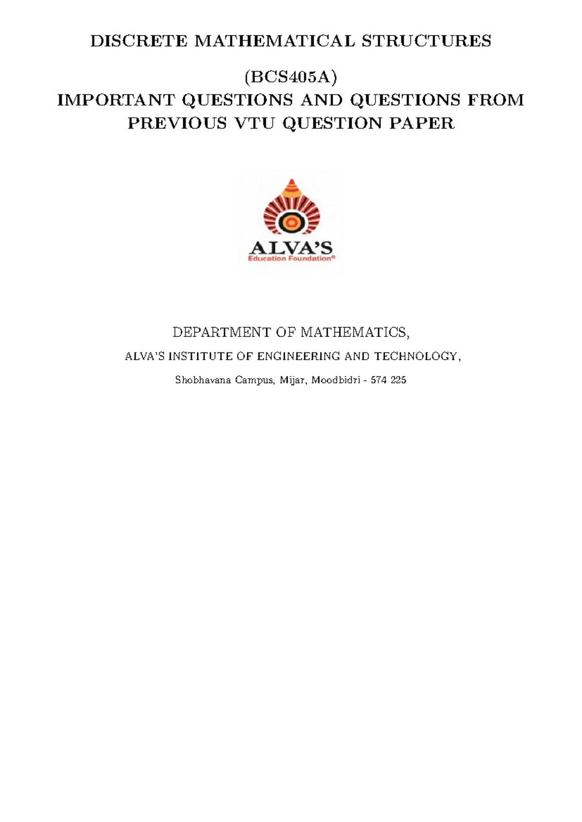 BCS405A (DMS) Question Bank - DISCRETE MATHEMATICAL STRUCTURES (BCS405A) IMPORTANT QUESTIONS AND ...