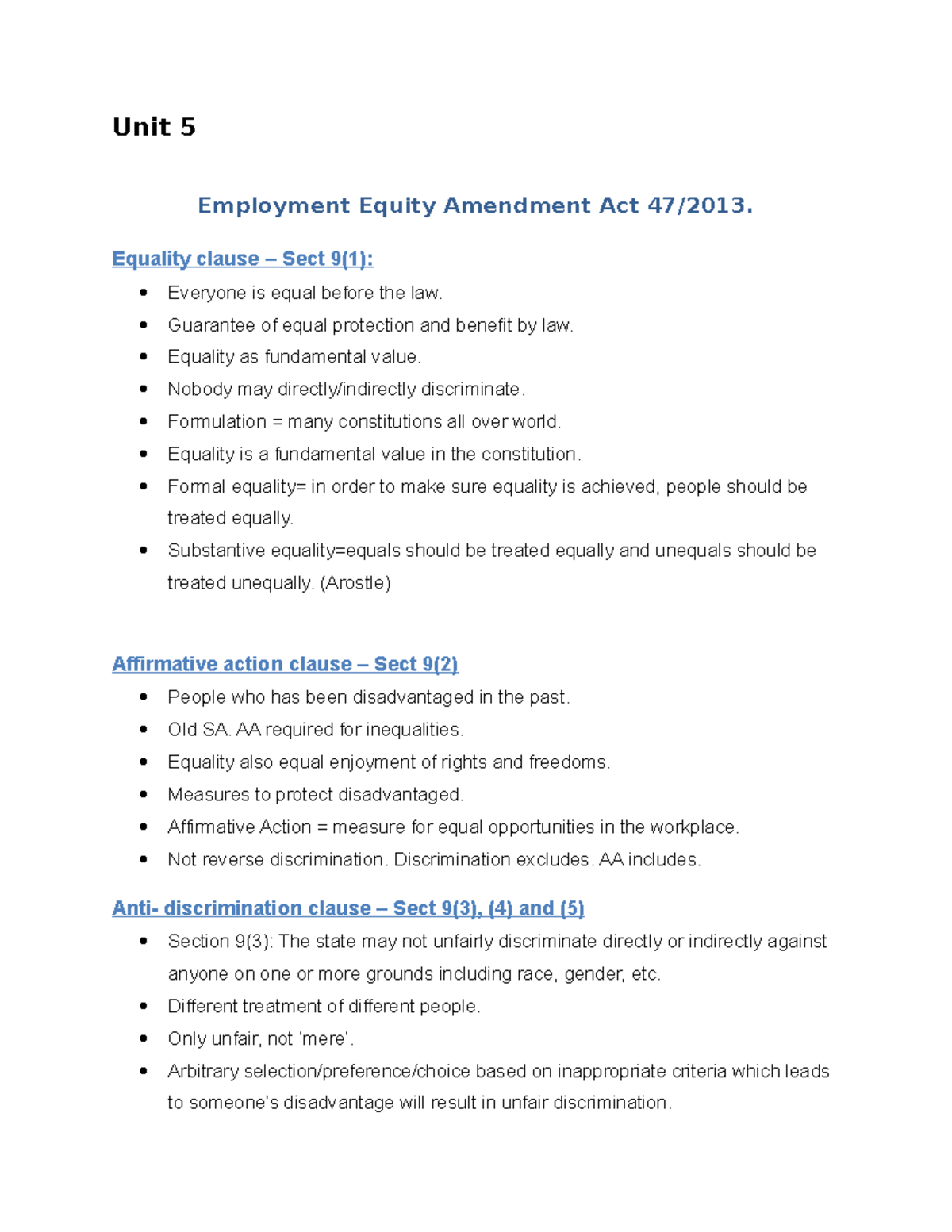Unit 5 opsommings - Summaries - Unit 5 Employment Equity Amendment Act ...