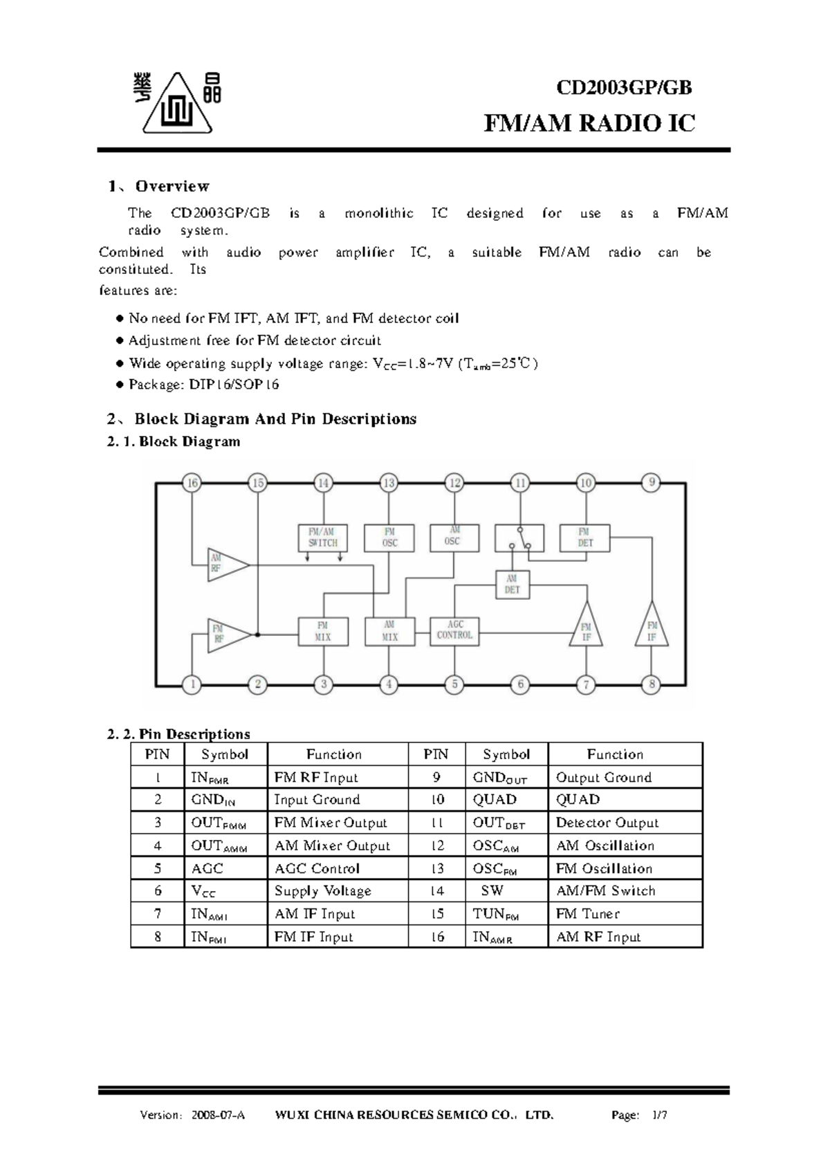 CD2003 GP - gugigigi - CD2003GP/GB FM/AM RADIO IC 1 、 Overvie w The ...