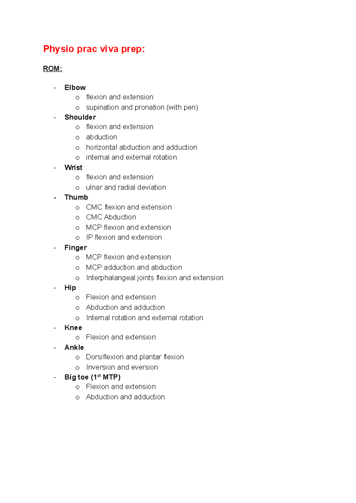 Physio prac viva prep - Practice materials - Physio prac viva prep: ROM ...