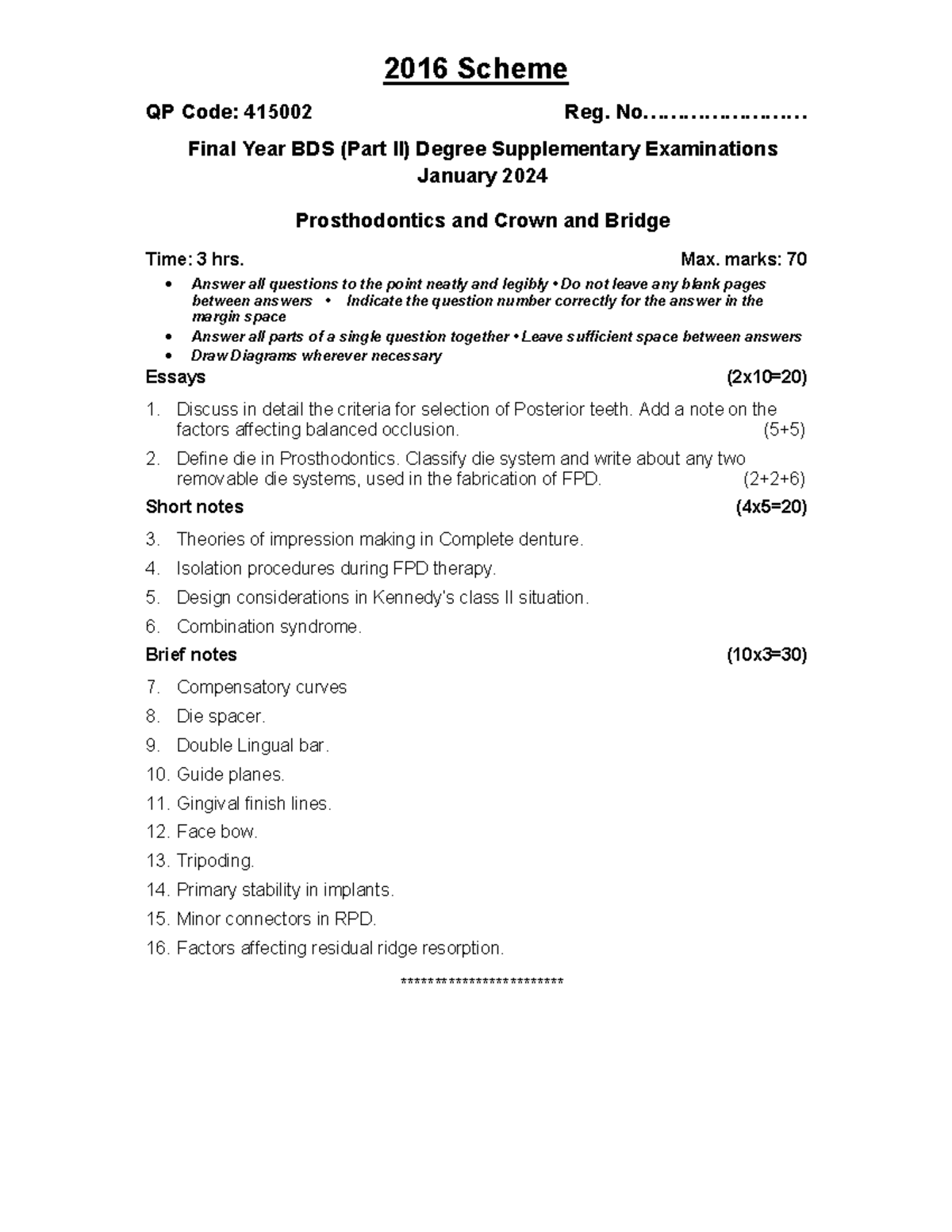 415002 - dfdsgd - 2016 Scheme QP Code: 415002 Reg. No........................ Final Year BDS ...