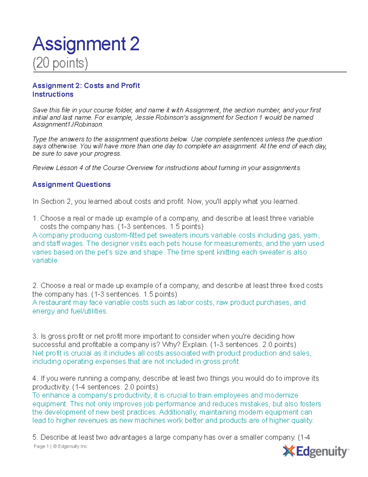 Business Unit 2 (Costs and Profits) - Page 1 | © Edgenuity Inc Assignment 2 (20 points ...
