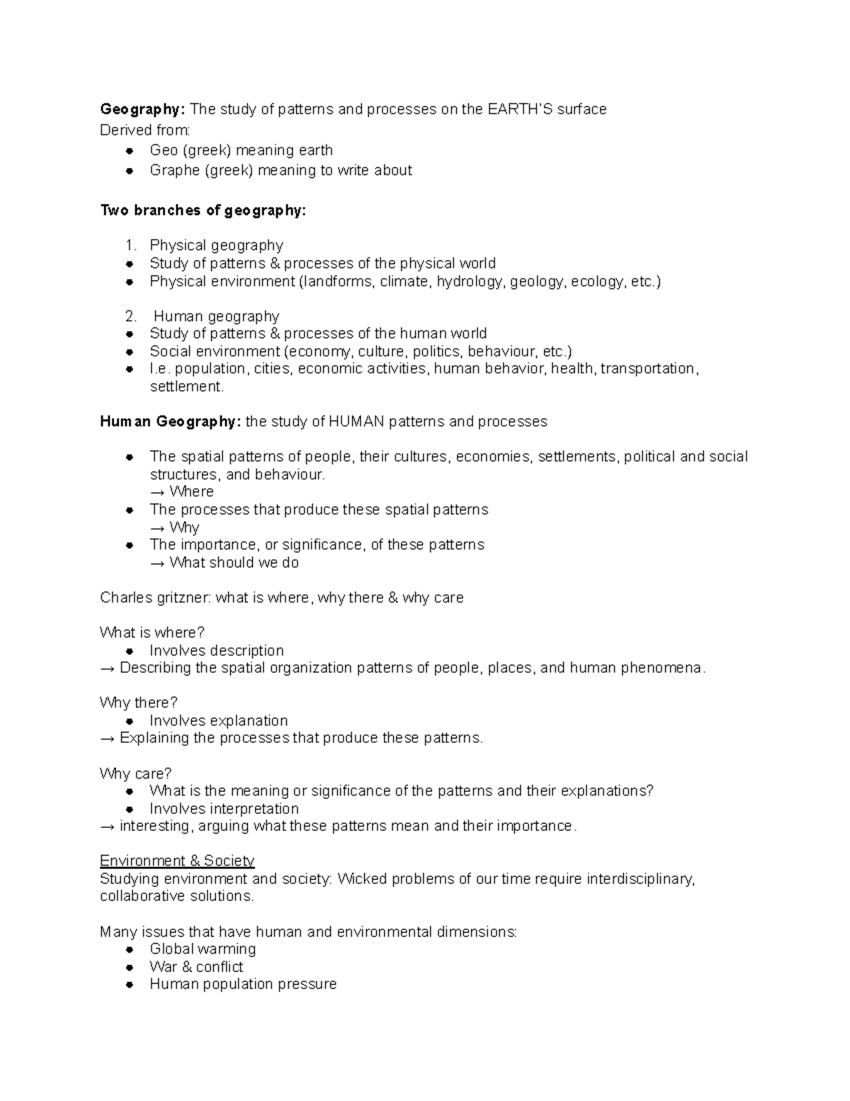 Week 1 Intro - Geography lecture 1 notes - Geography: The study of ...