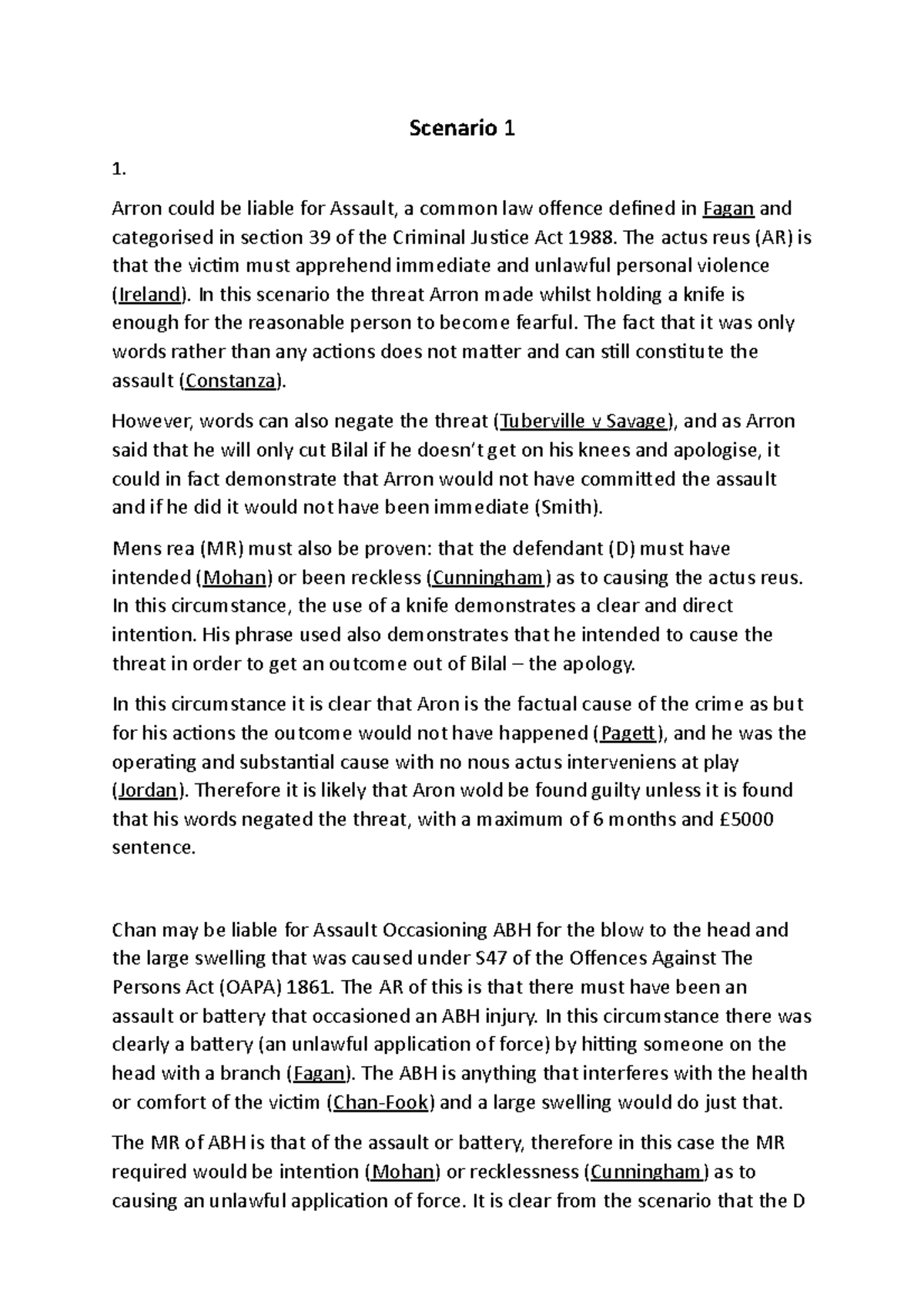 UAM Model - notes - Scenario 1 Arron could be liable for Assault, a ...