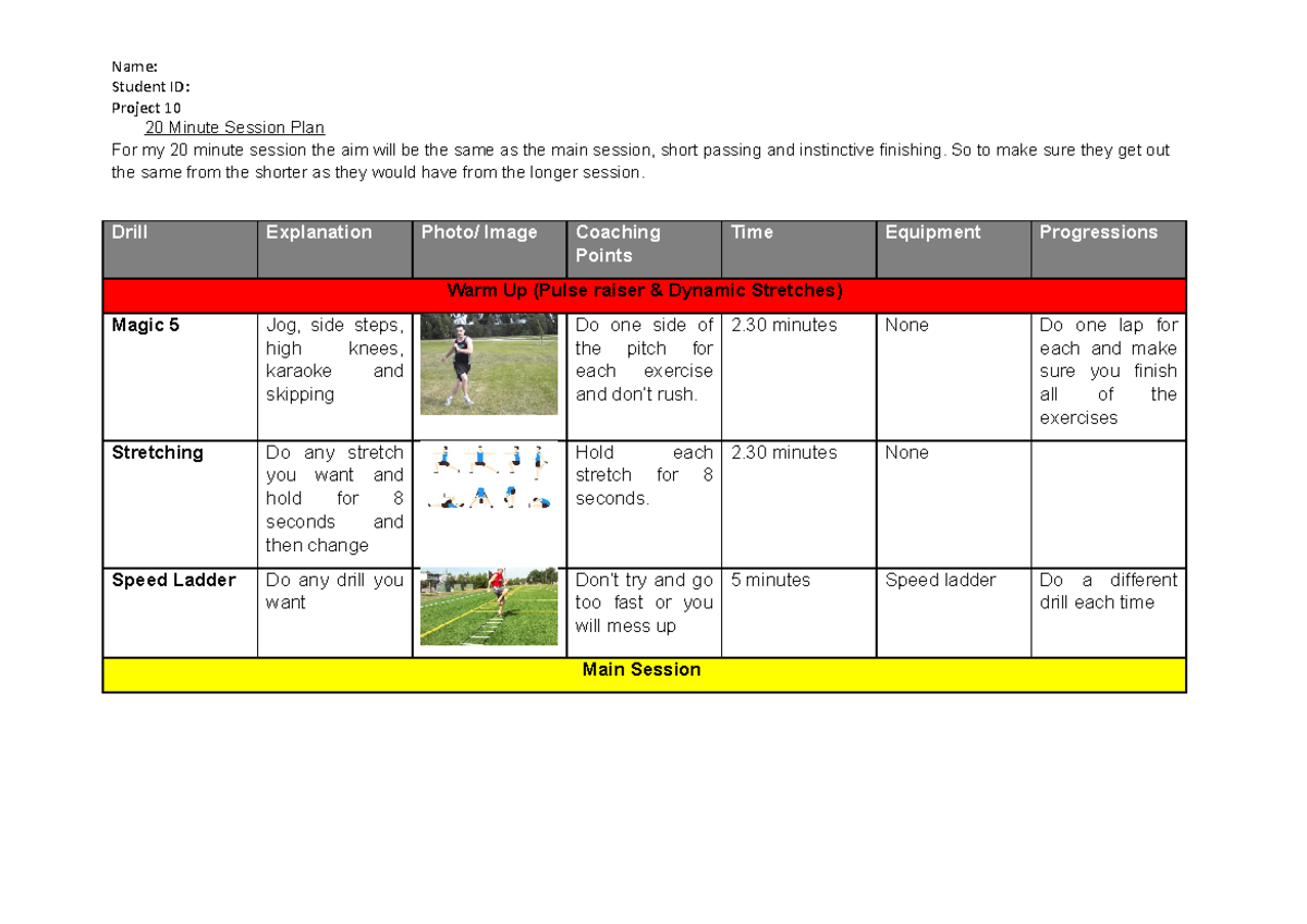 3.3 Session Plan - sports - Student ID: Project 10 20 Minute Session ...