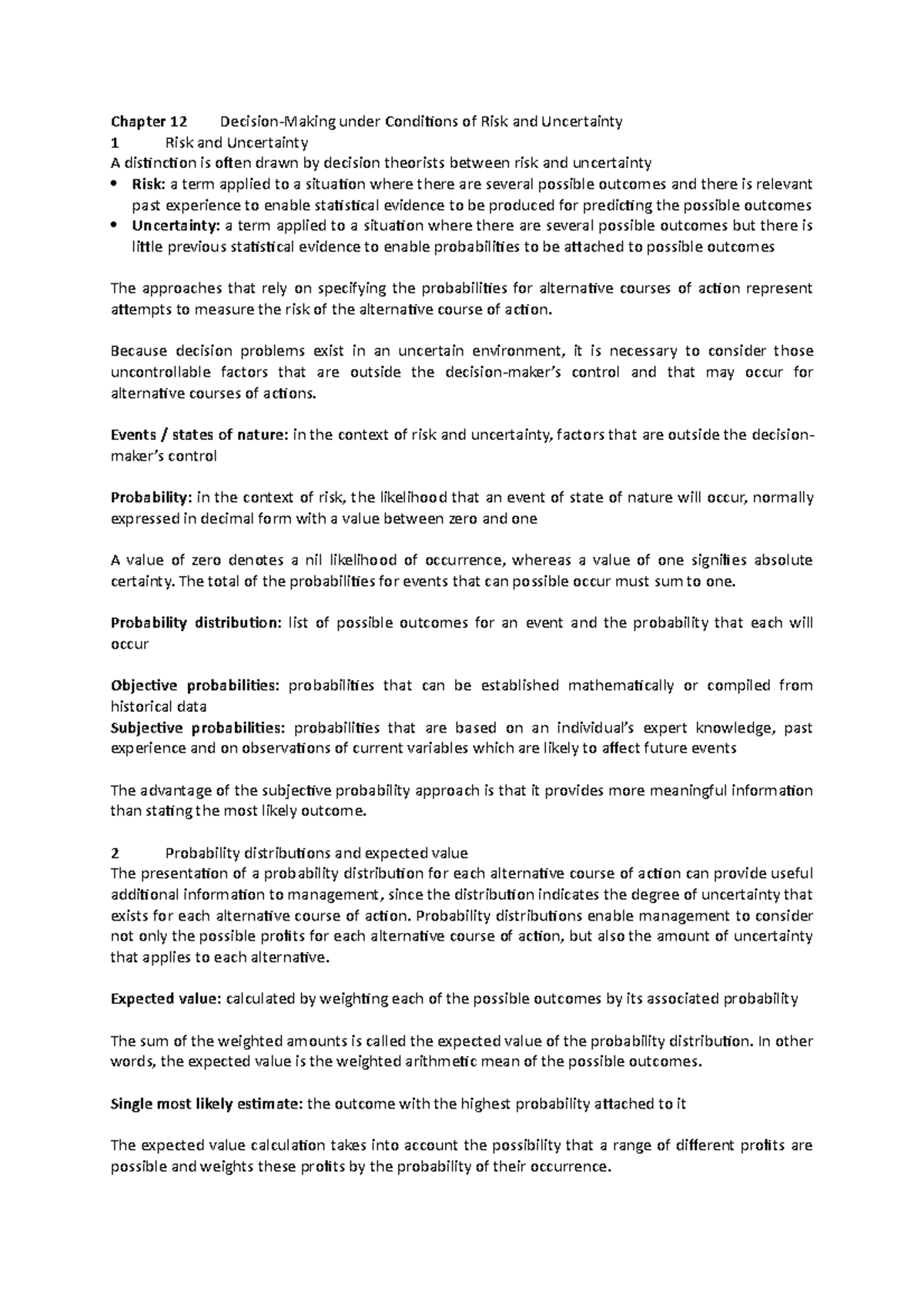 Chapter 12 Decision-Making under Conditions of Risk and Uncertainty ...