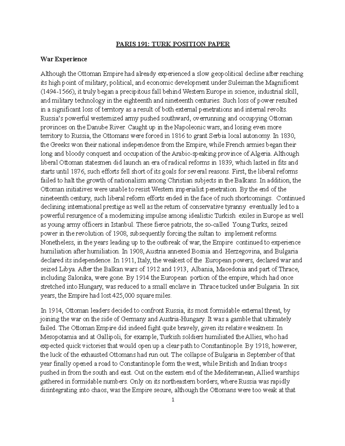 Paris 1919-Turk position paper - PARIS 191: TURK POSITION PAPER War ...