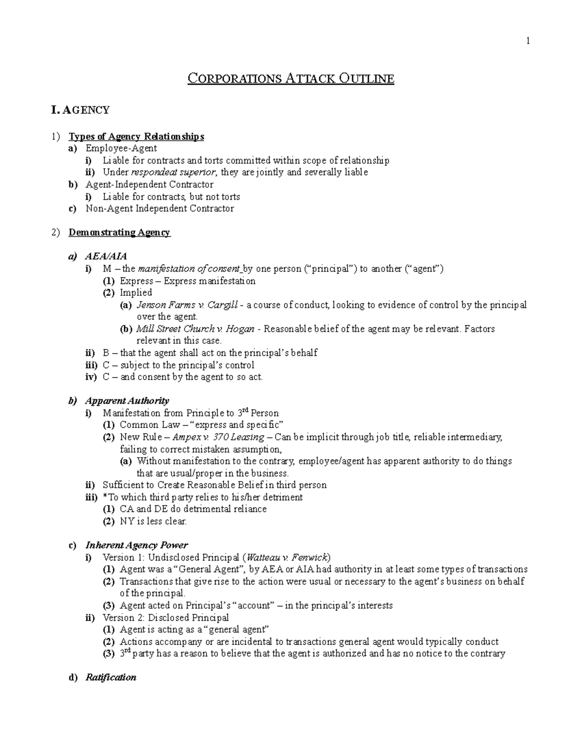 Corporations attack outline Talley f15 - C ORPORATIONS ATTACK OUTLINE I ...