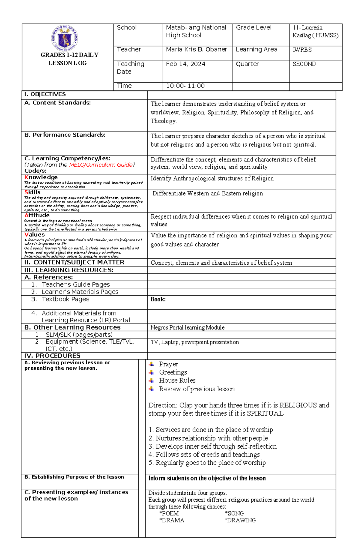 DLP no. 3 1 FEB 14,2024 - UCSP - GRADES 1-12 DAILY LESSON LOG School Matab- ang National High ...