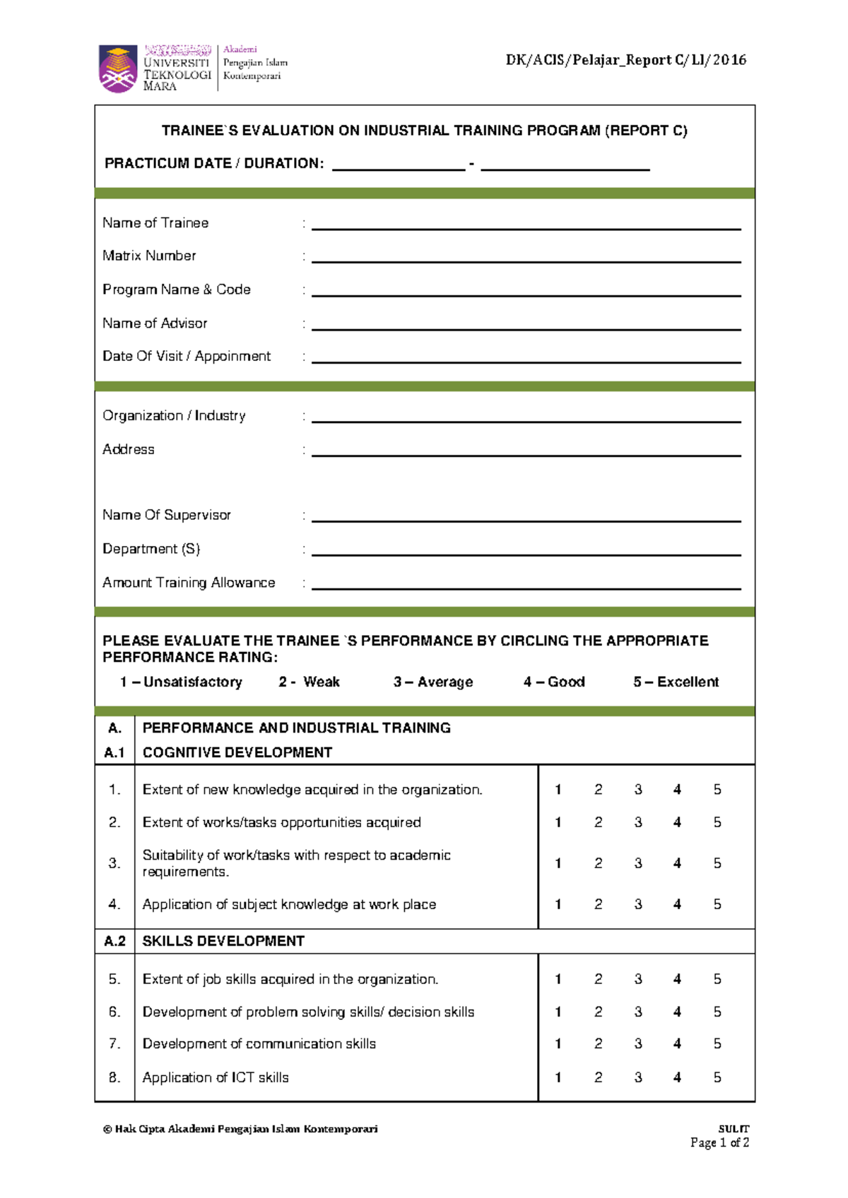 Report C Trainees Evaluation ON Industrial Training Program - DK/ACIS ...