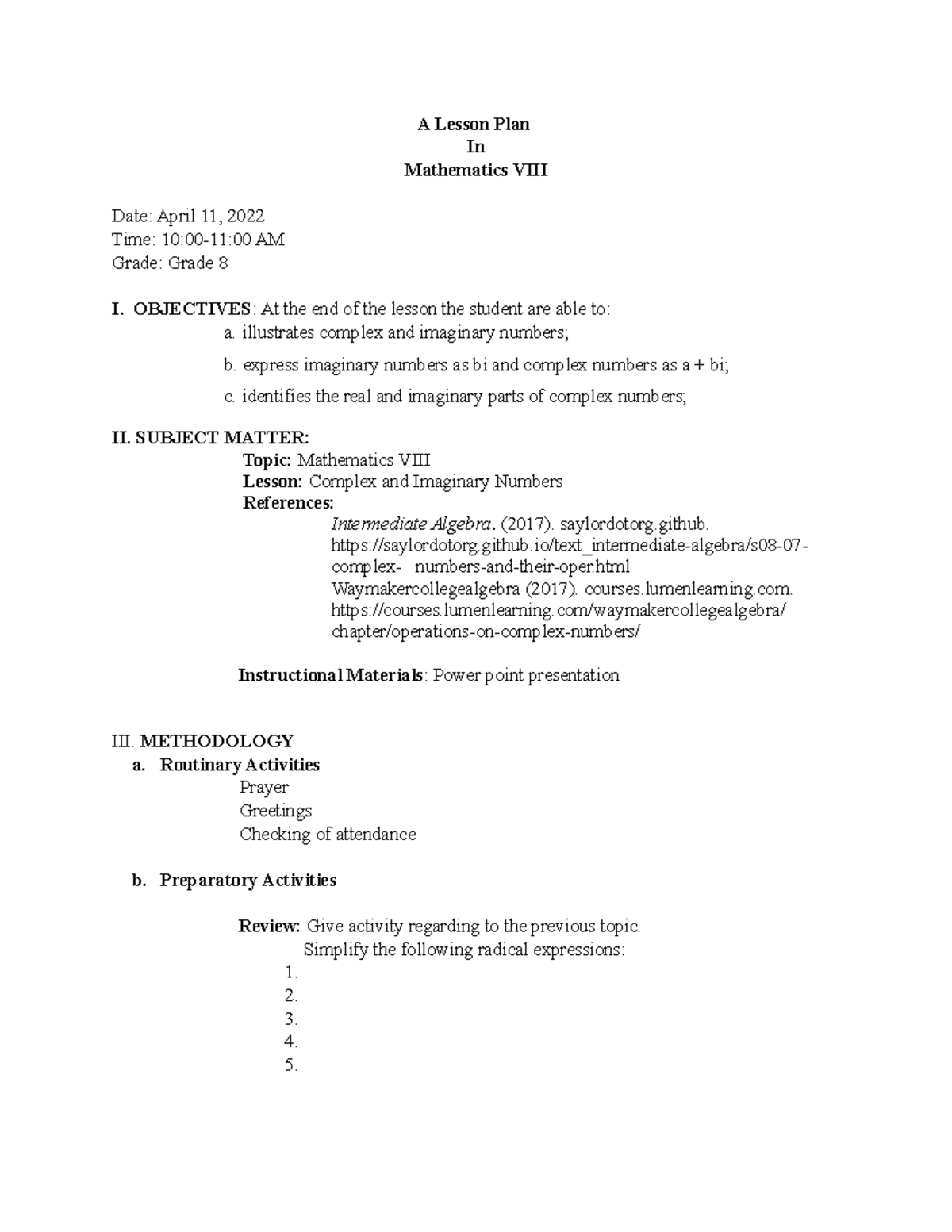 Benitez-Aliyah-Monique-Complex-and Imaginary-Numbers-Lesson Plan-Final ...