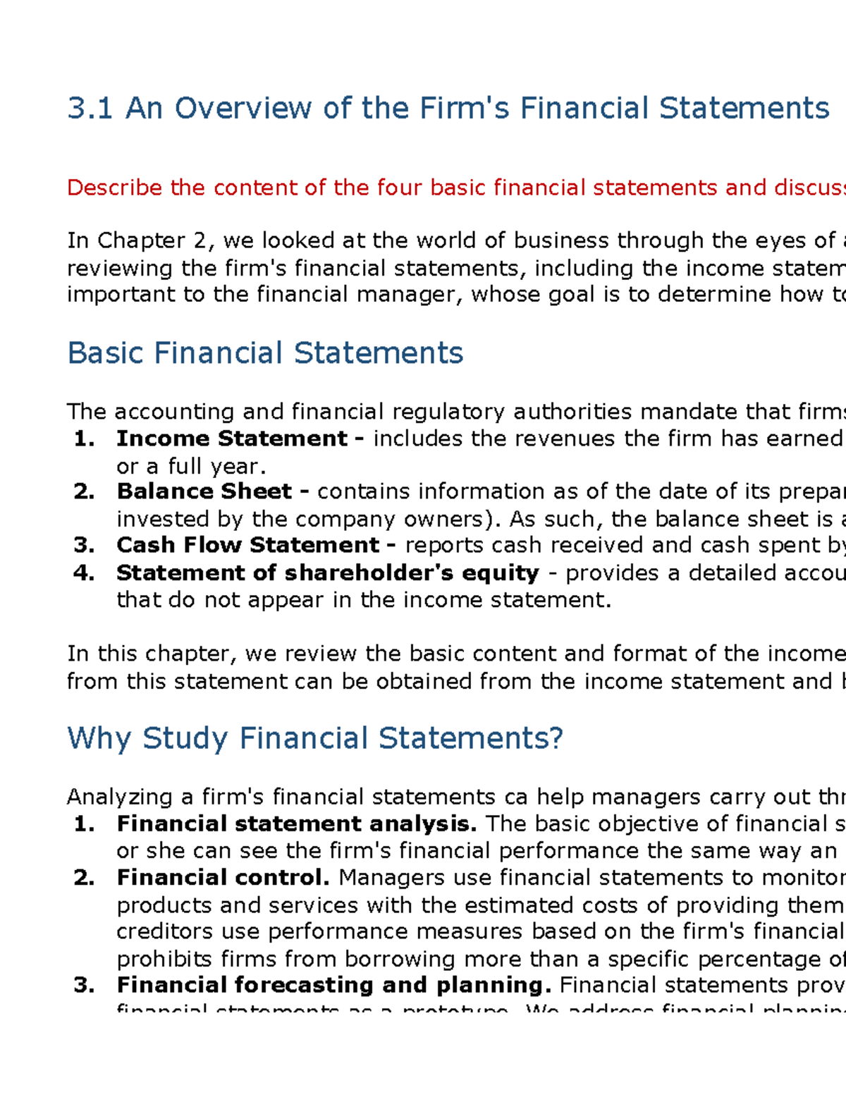 3.1 An Overview of the Firm's Financial Statements - Describe the ...