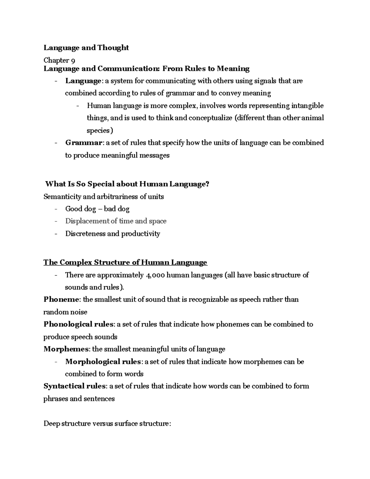 PSY 0010 Chapter 9 Notes - Language and Thought Chapter 9 Language and ...